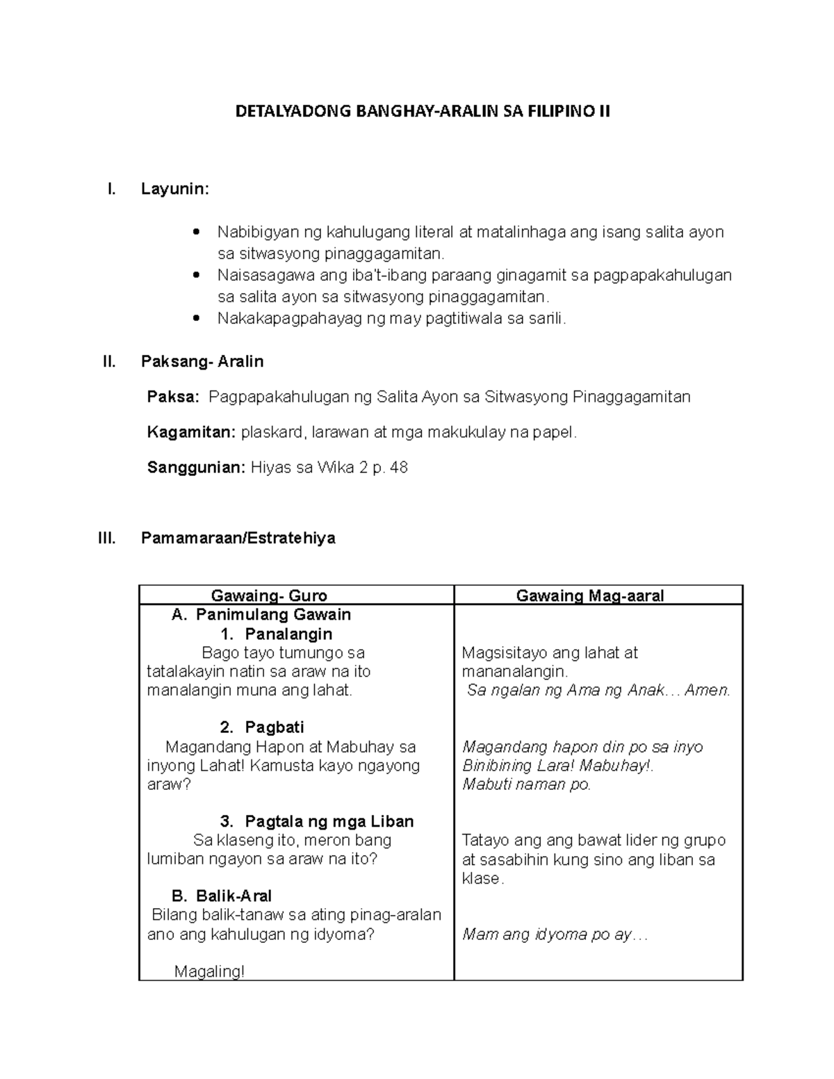 Banghay Aralin sa Filipino - DETALYADONG BANGHAY-ARALIN SA FILIPINO II ...