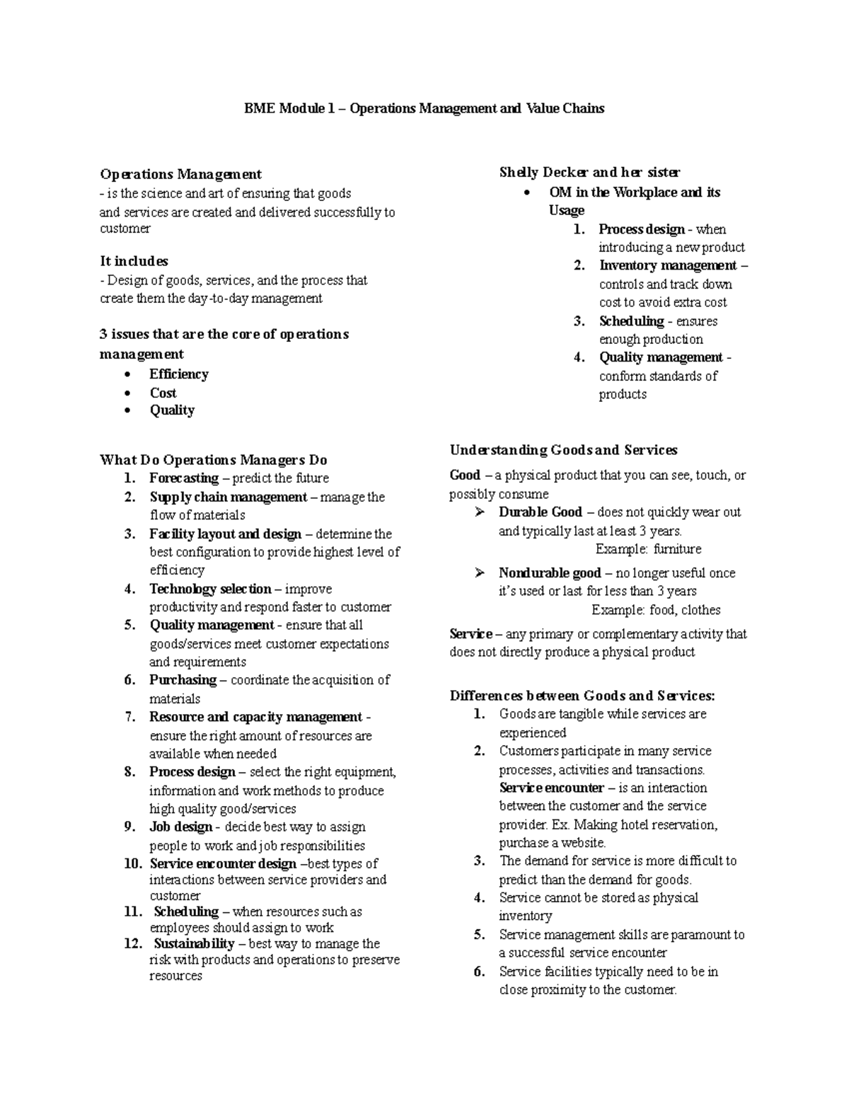 BME3003 Module 1 notes - BME Module 1 – Operations Management and Value ...