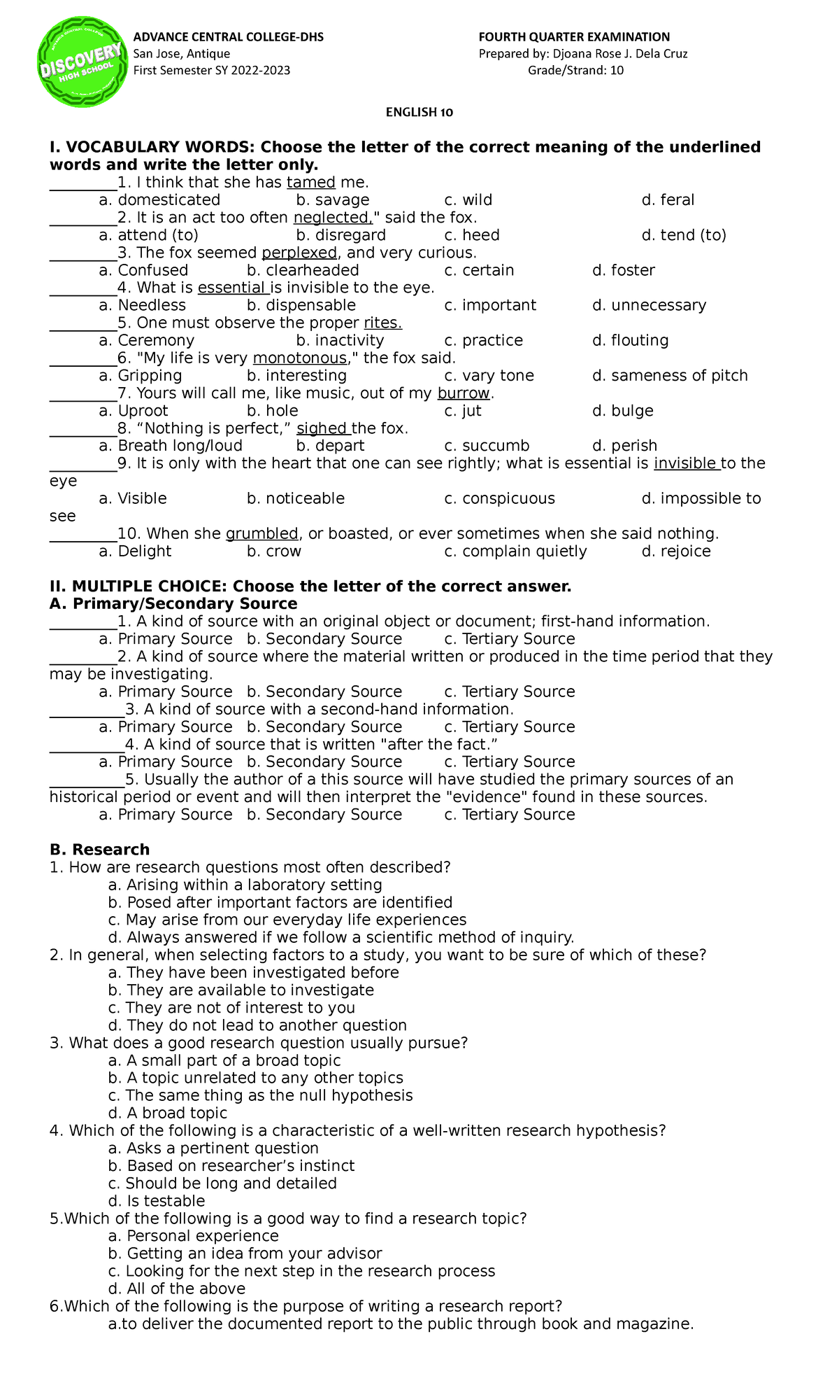 QUARTER EXAM IN ENGLISH 10 ENGLISH 10 I VOCABULARY WORDS Choose The quarter-exam-in-english-10-english-10-i-vocabulary-words-choose-the