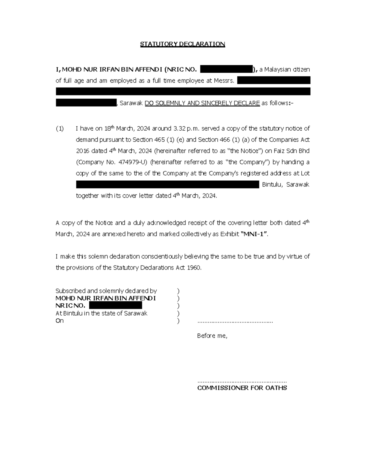 Statutory Declaration 2024 - STATUTORY DECLARATION I, MOHD NUR IRFAN ...
