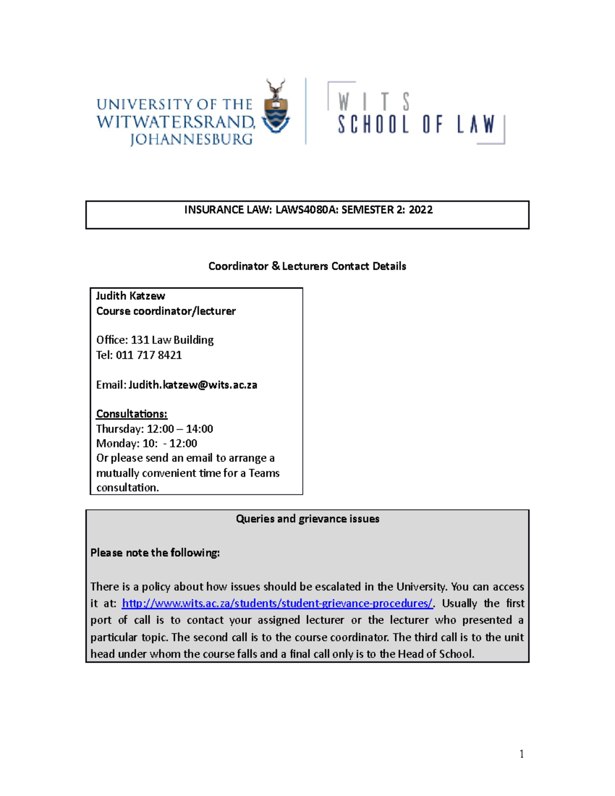 Insurance course Outline 2022 (002)final - INSURANCE LAW: LAWS4080A ...