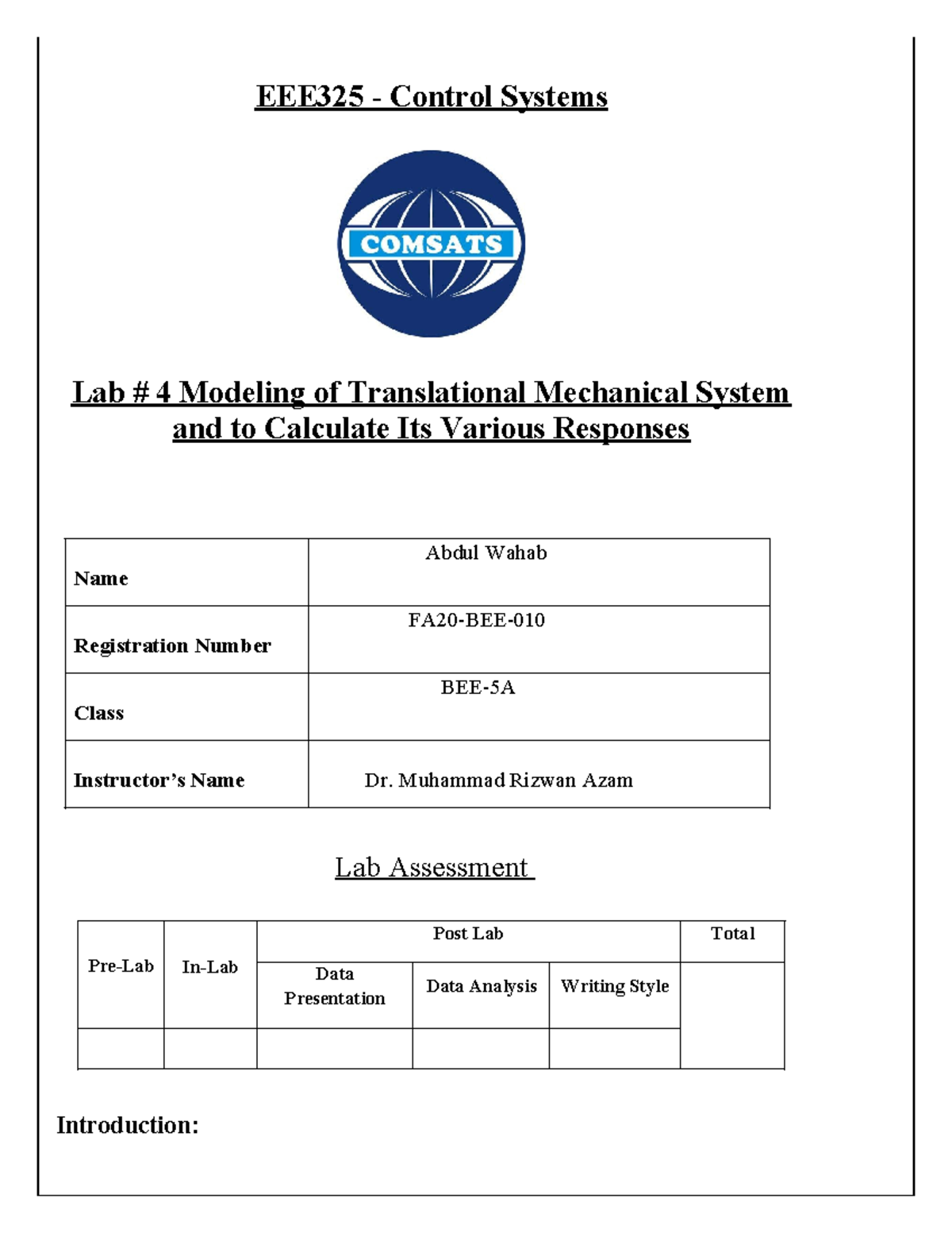 lab report no 4 - EEE325 - Control Systems Lab # 4 Modeling of Translational Mechanical System ...