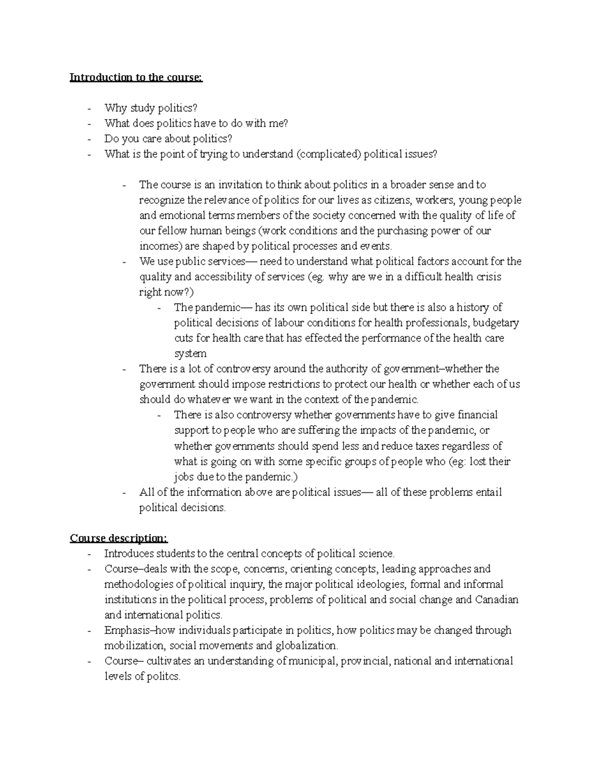 POSC 1000 Intro to Political Science - Introduction to the course: Why ...