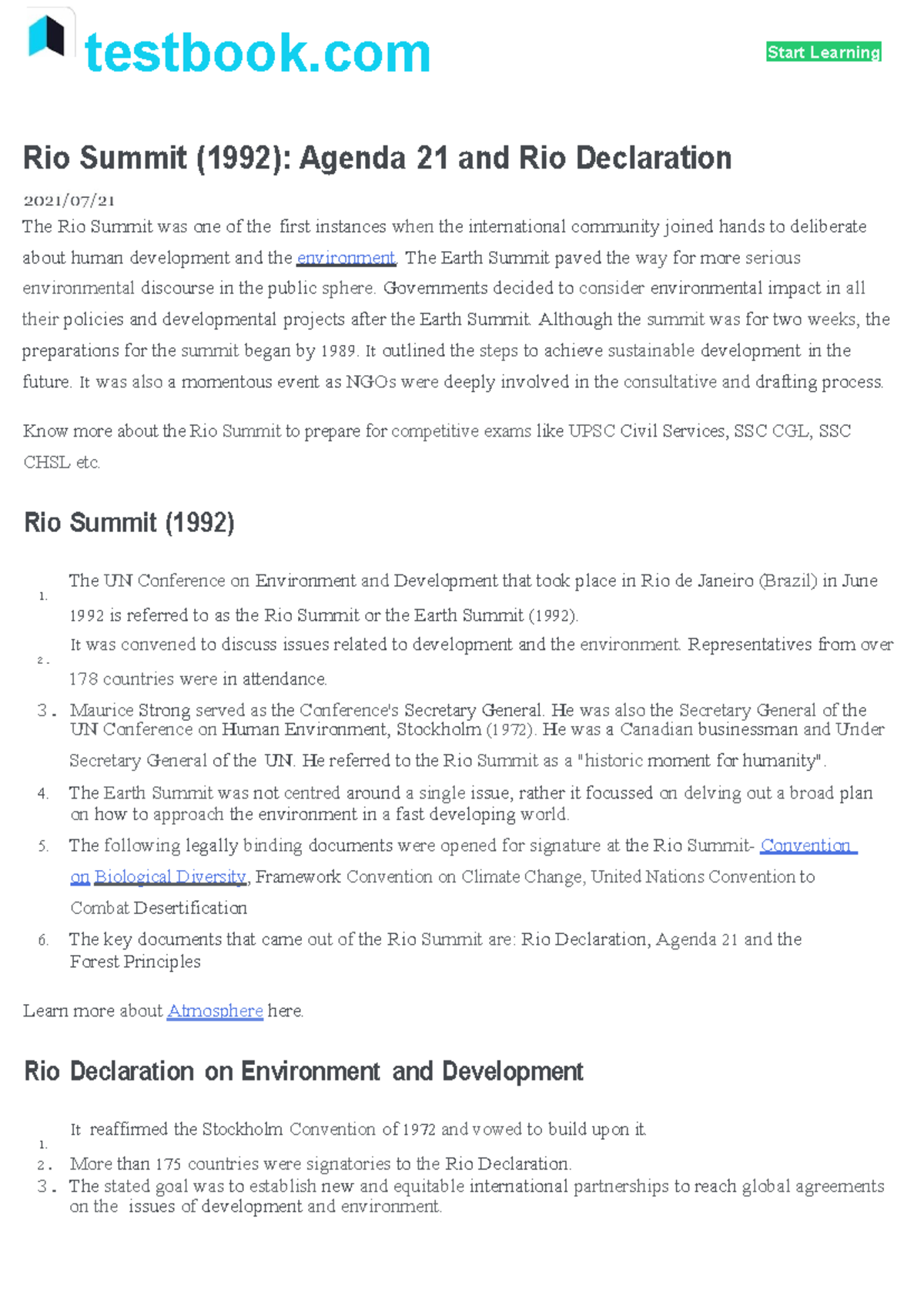 Rio-summit - testbook Start Learning Rio Summit (1992): Agenda 21 and ...