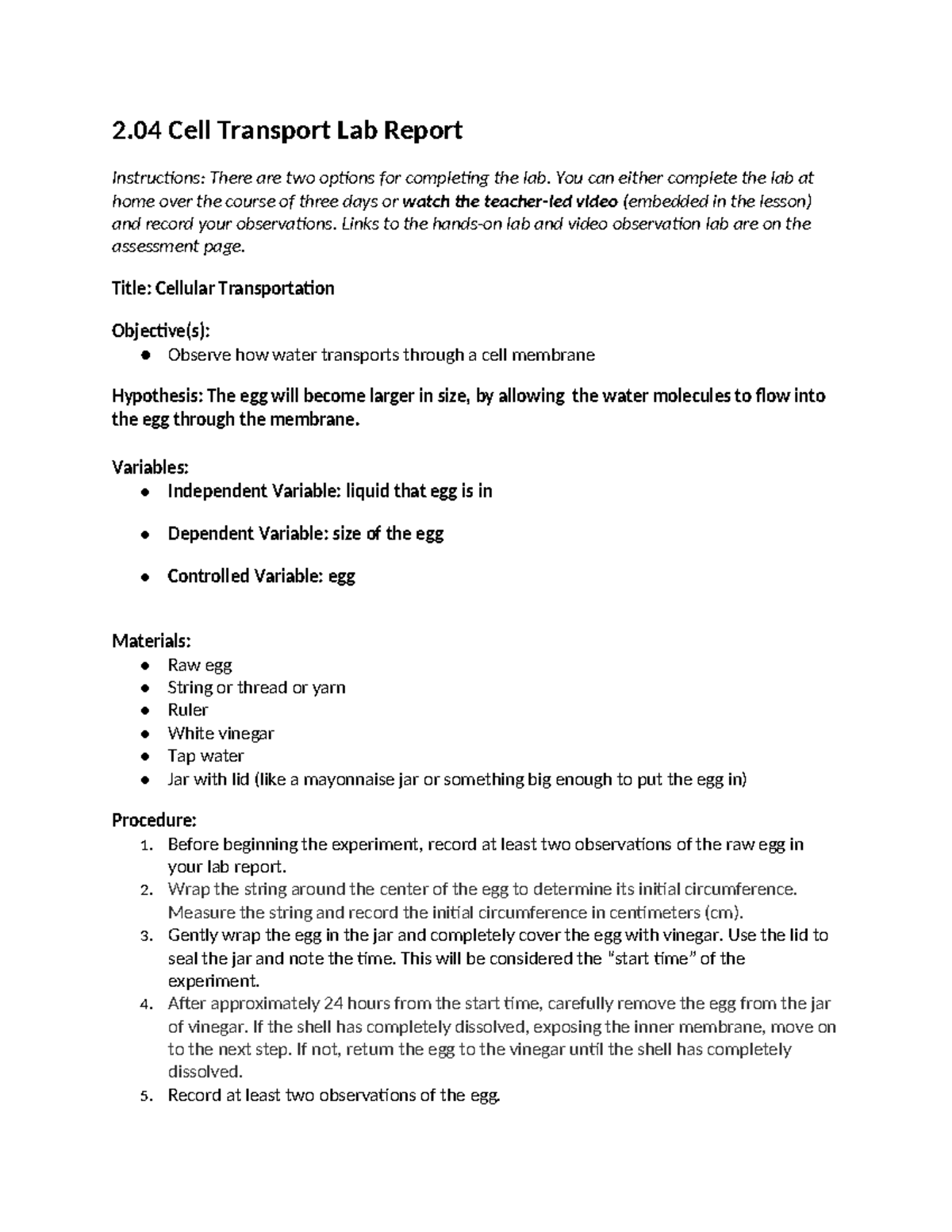 Flvs assignment - echehcecbhehcbecbeycyebeybey - 2 Cell Transport Lab ...