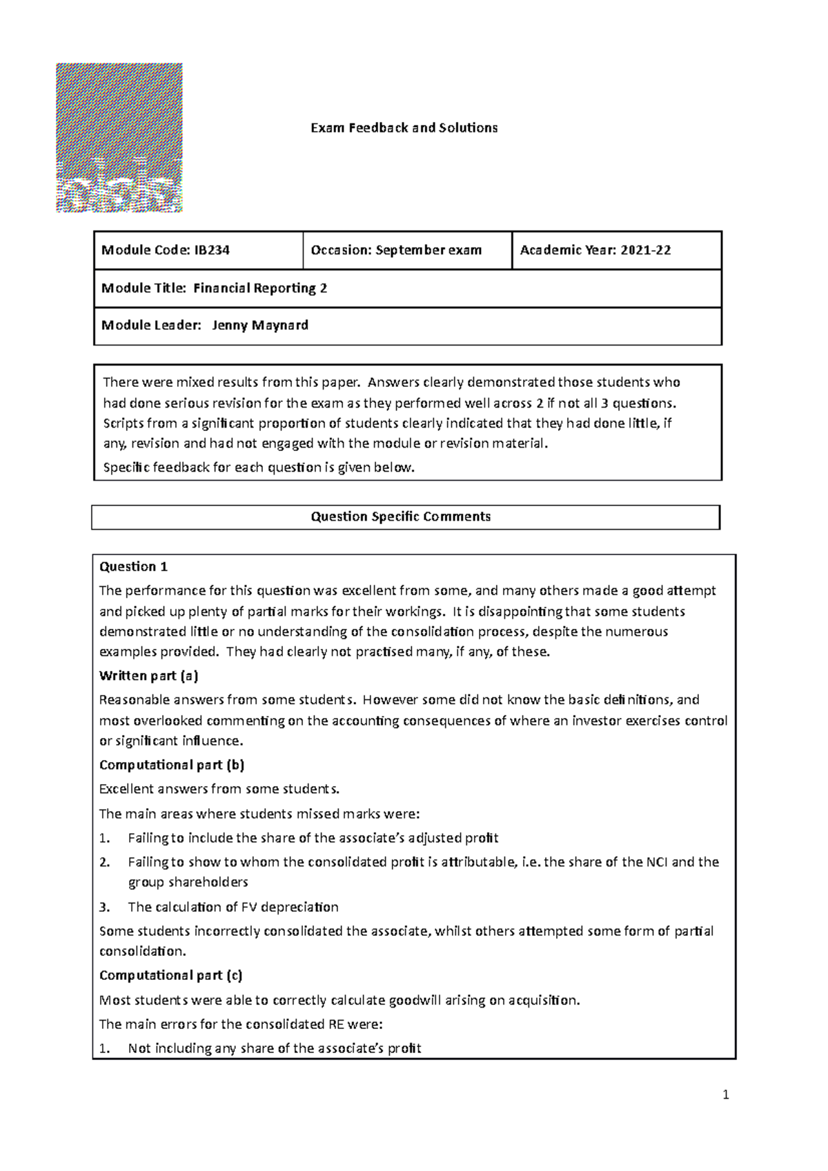 2122 IB234 September exam feedback for students - Exam Feedback and ...