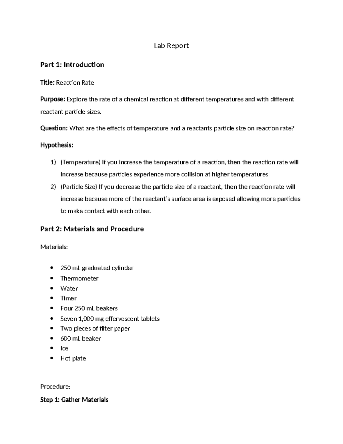 Lab Report - Reaction Rate - Lab Report Part 1: Introduction Title ...