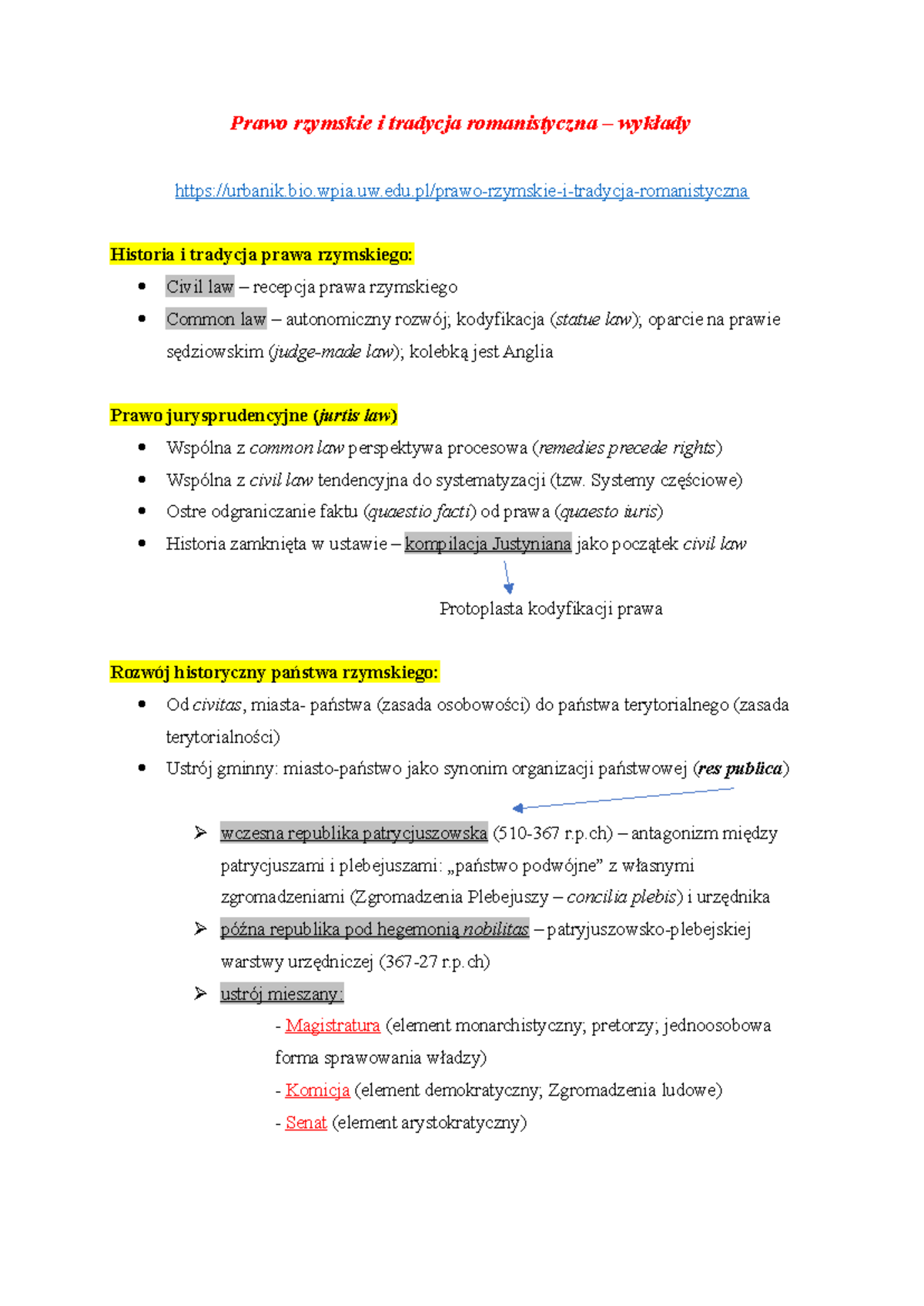 Wykłady - Prawo rzymskie i tradycja romanistyczna – wykłady - Studocu