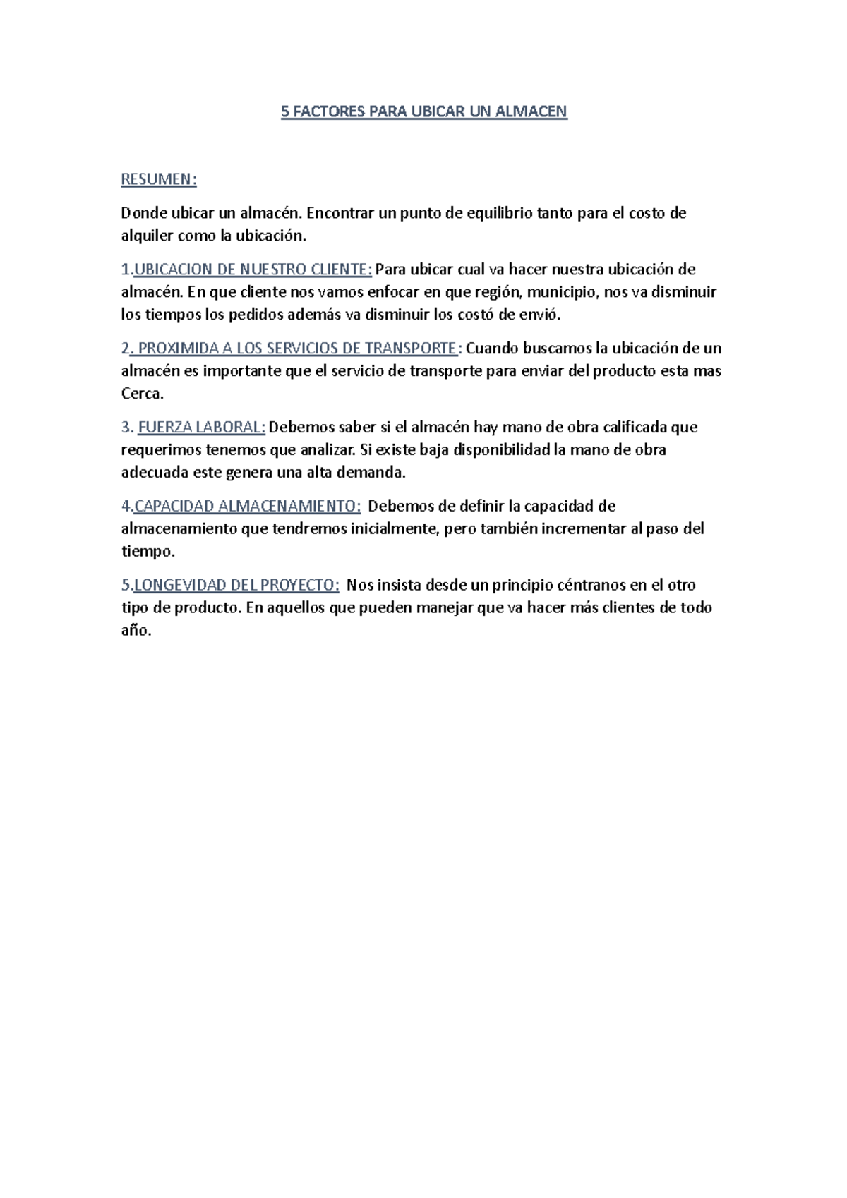 5 Factores PARA Ubicar UN Almacen - 5 FACTORES PARA UBICAR UN ALMACEN RESUMEN: Donde ubicar un ...