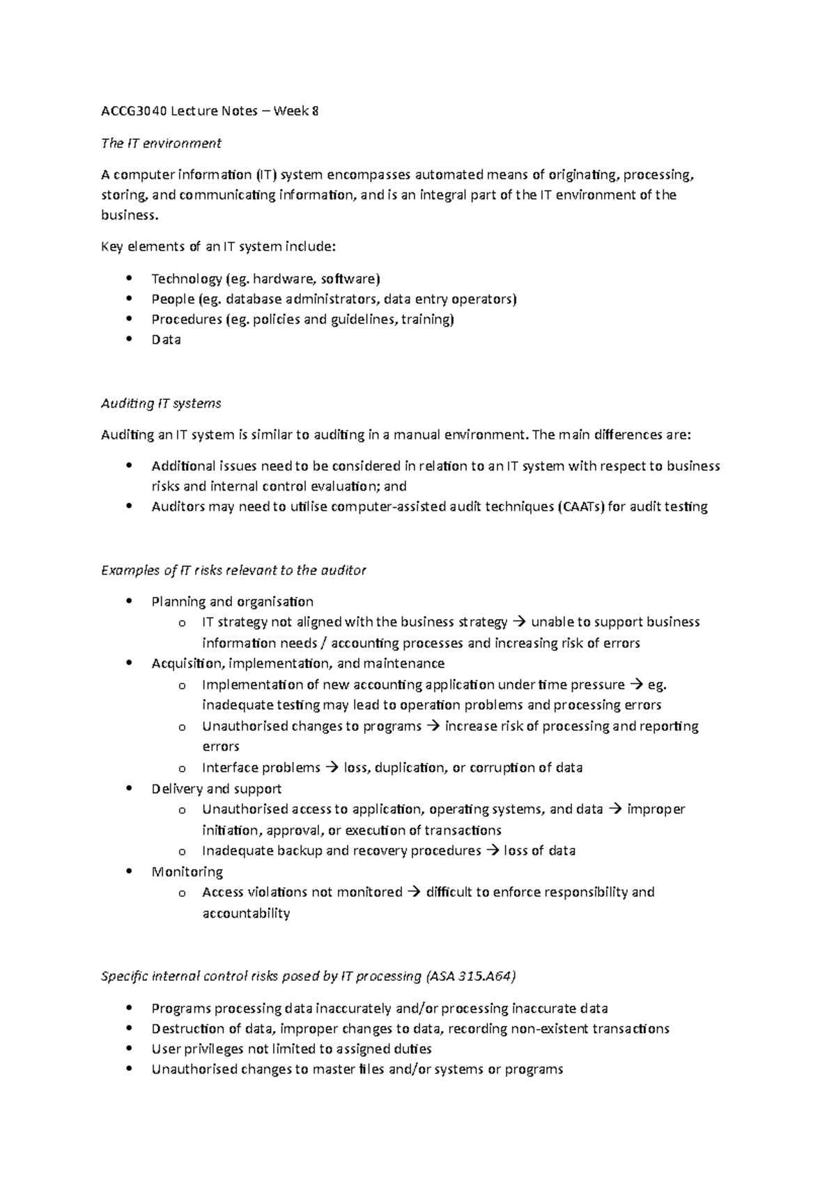 Lecture Notes - Week 8 - ACCG3040 Lecture Notes – Week 8 The IT ...
