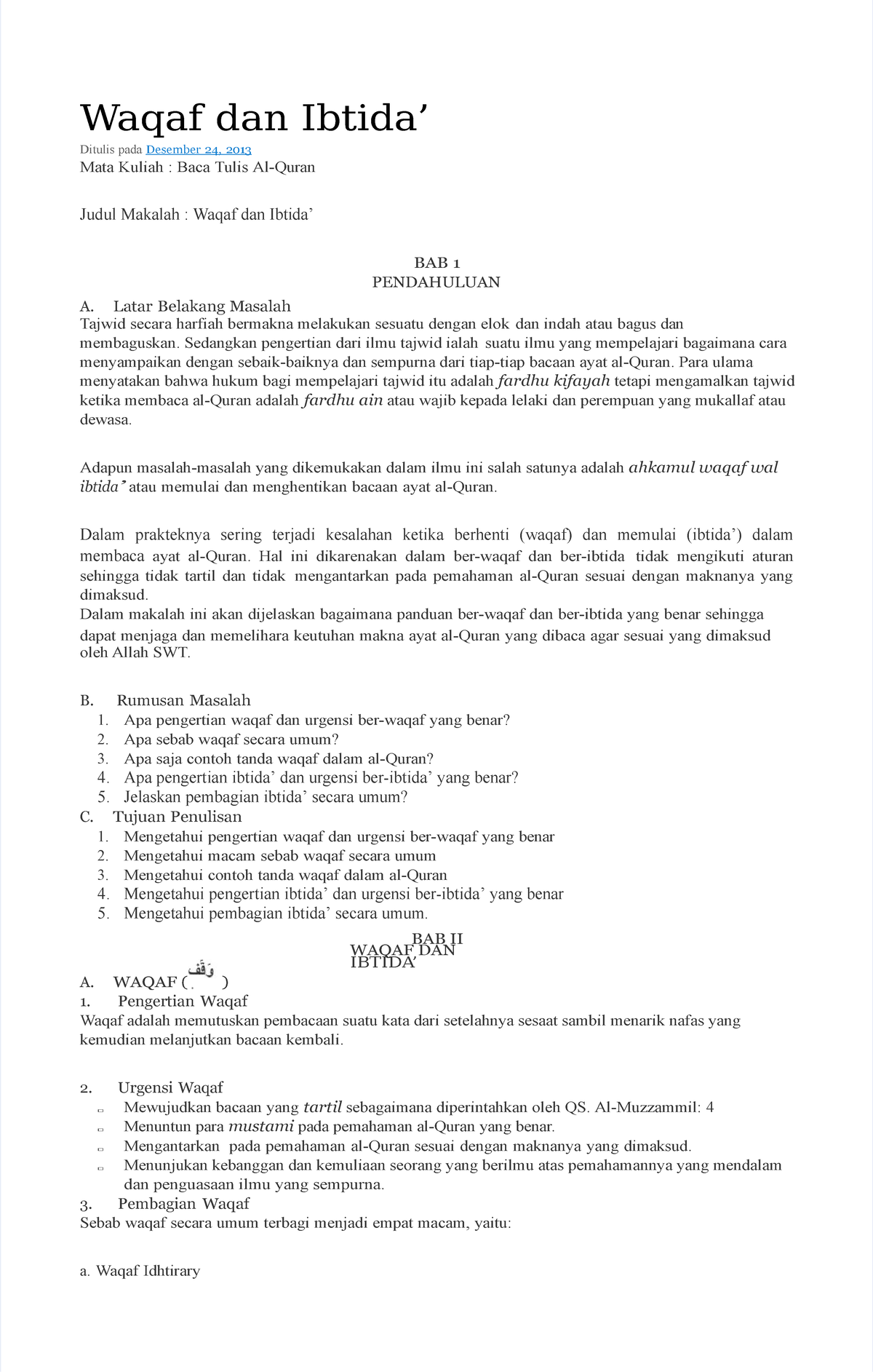 Pdf waqaf dan ibtida - waqa - Waqaf dan Ibtida’ Ditulis pada Desember ...