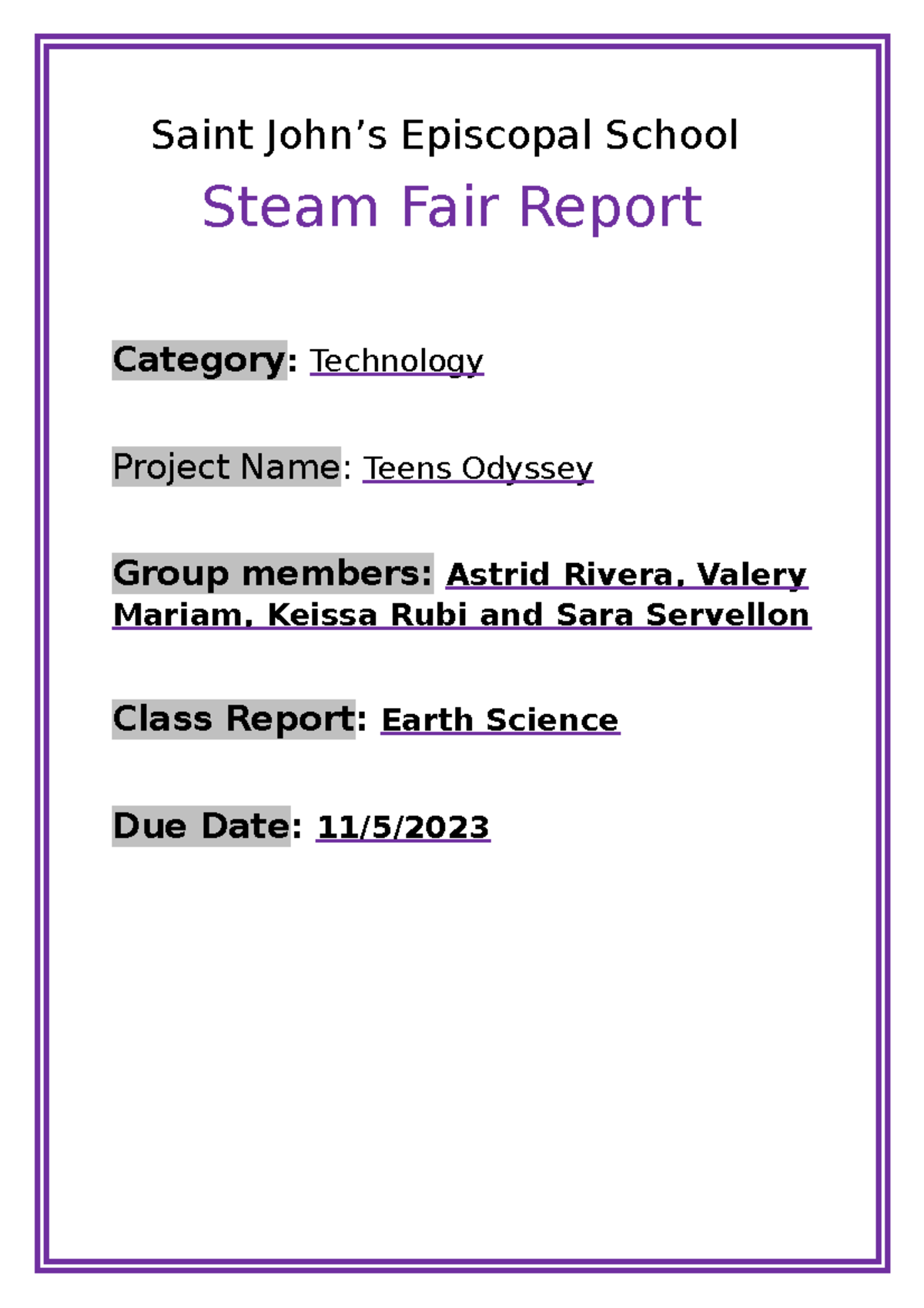 Steam fair Report - Saint John’s Episcopal School Steam Fair Report ...