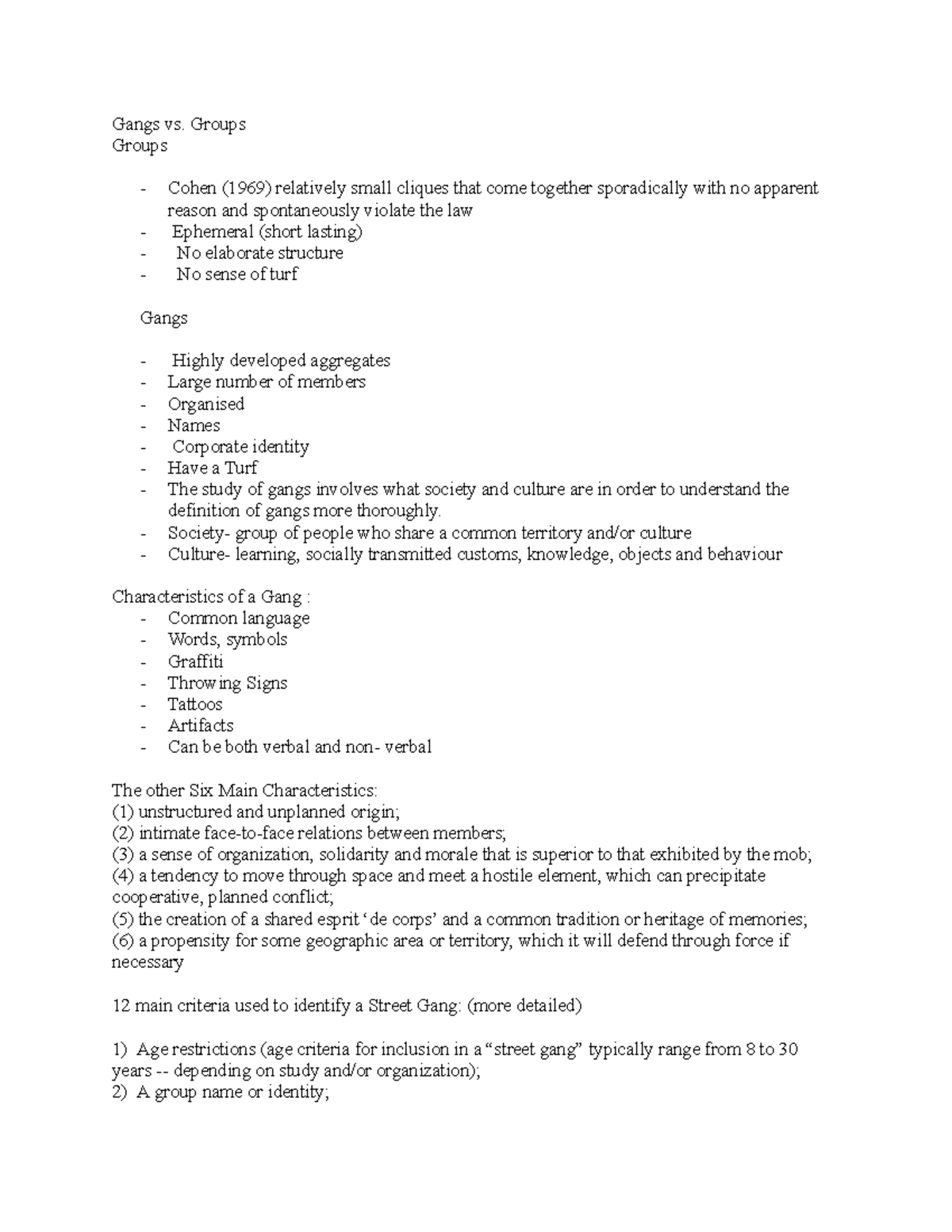 Gangs - what is a Gang, Notes - Gangs vs. Groups Groups Cohen (1969 ...