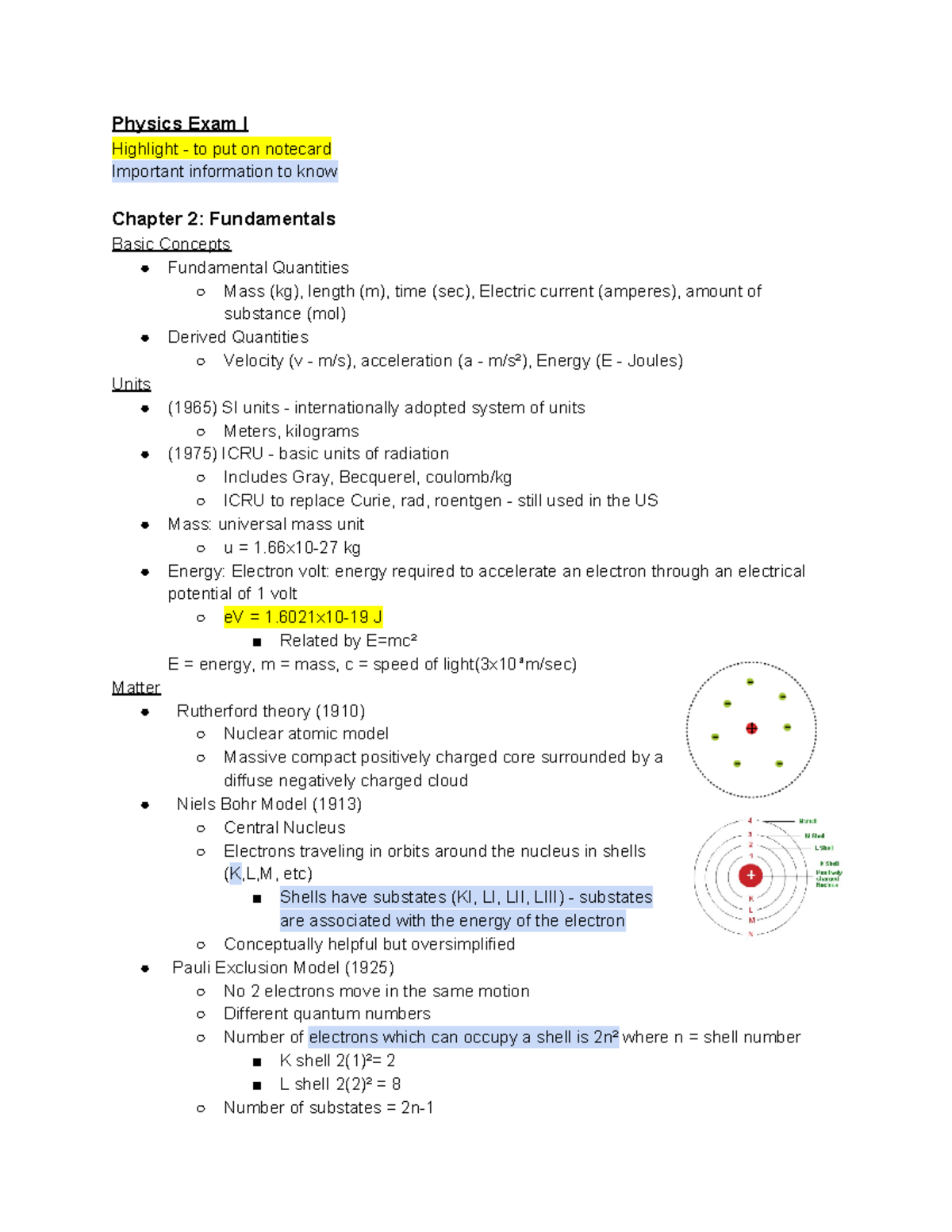 Physics Midterm Exam - Physics Exam I Highlight - to put on notecard ...