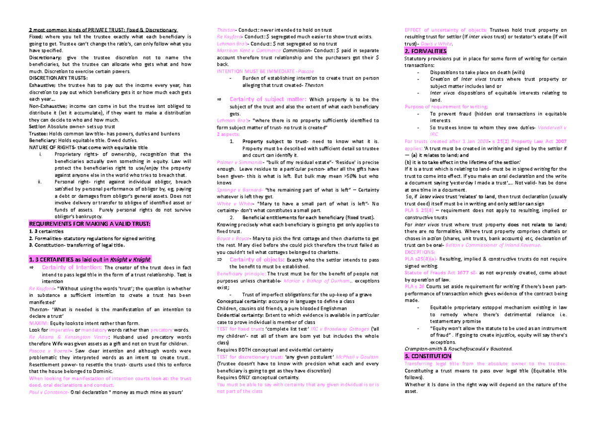 Trust cheat sheet - Notes for the exam. - 2 most common kinds of ...