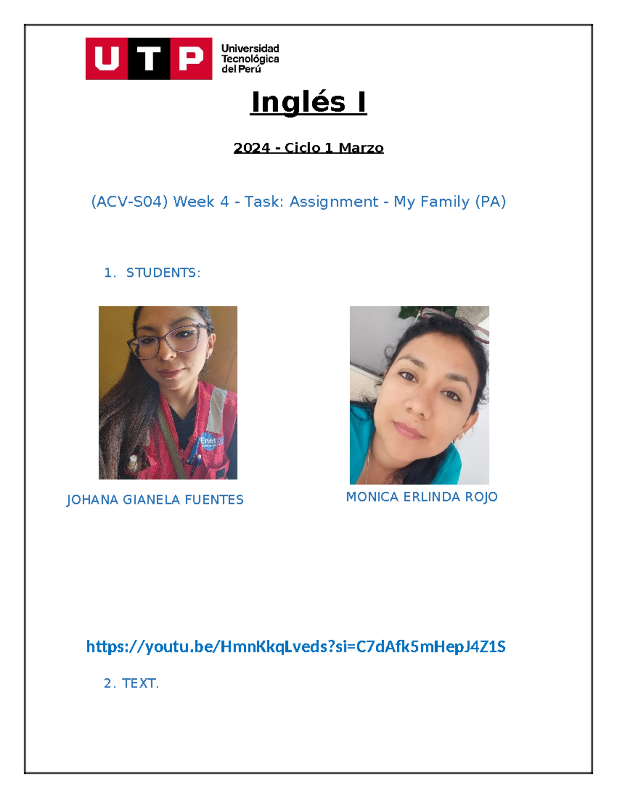 Tarea 4 - ssssss - Inglés I 2024 - Ciclo 1 Marzo (ACV-S04) Week 4 ...