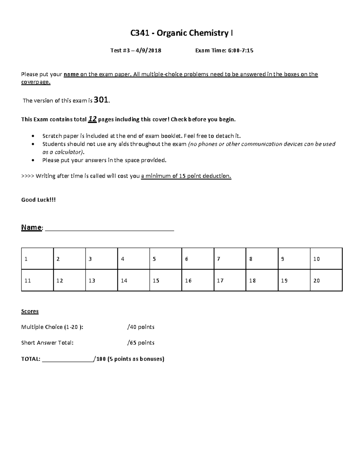 C341 Exam 3 Fall 2018 V181301 - C341 - Organic Chemistry I Test #3 – 4 ...