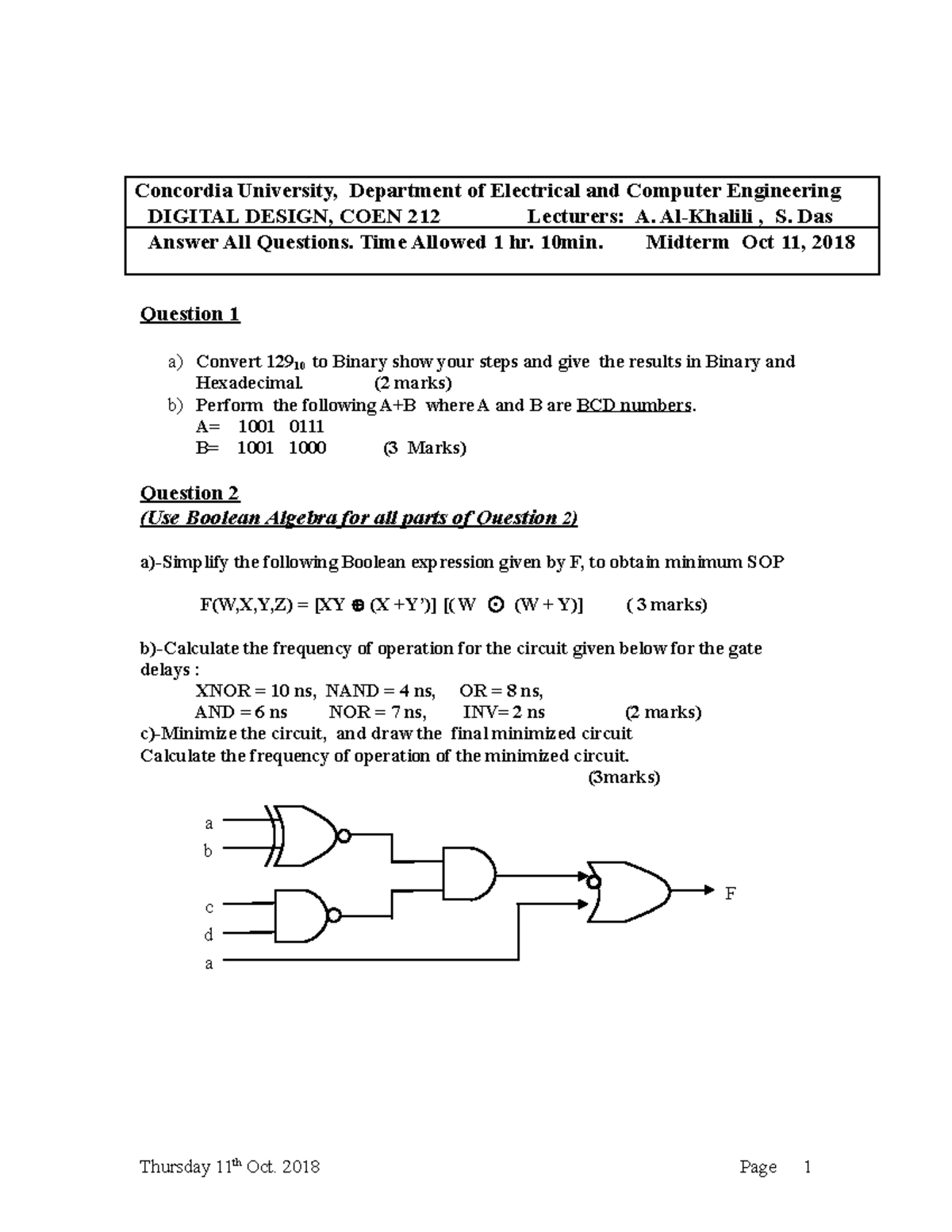 COEN212-Midterm 2018 - Past Exam - Concordia University, Department of ...