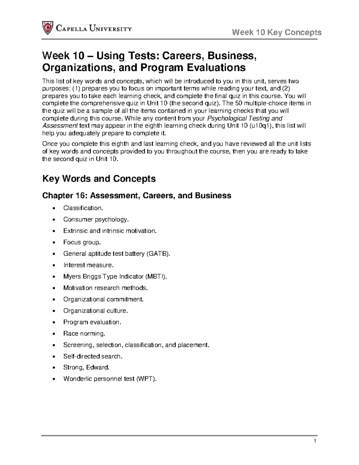 PSY7610 WK10 - notes - zyxwvu zyxwv \f CAPELLA UNIVERSITY Week 10 Key ...