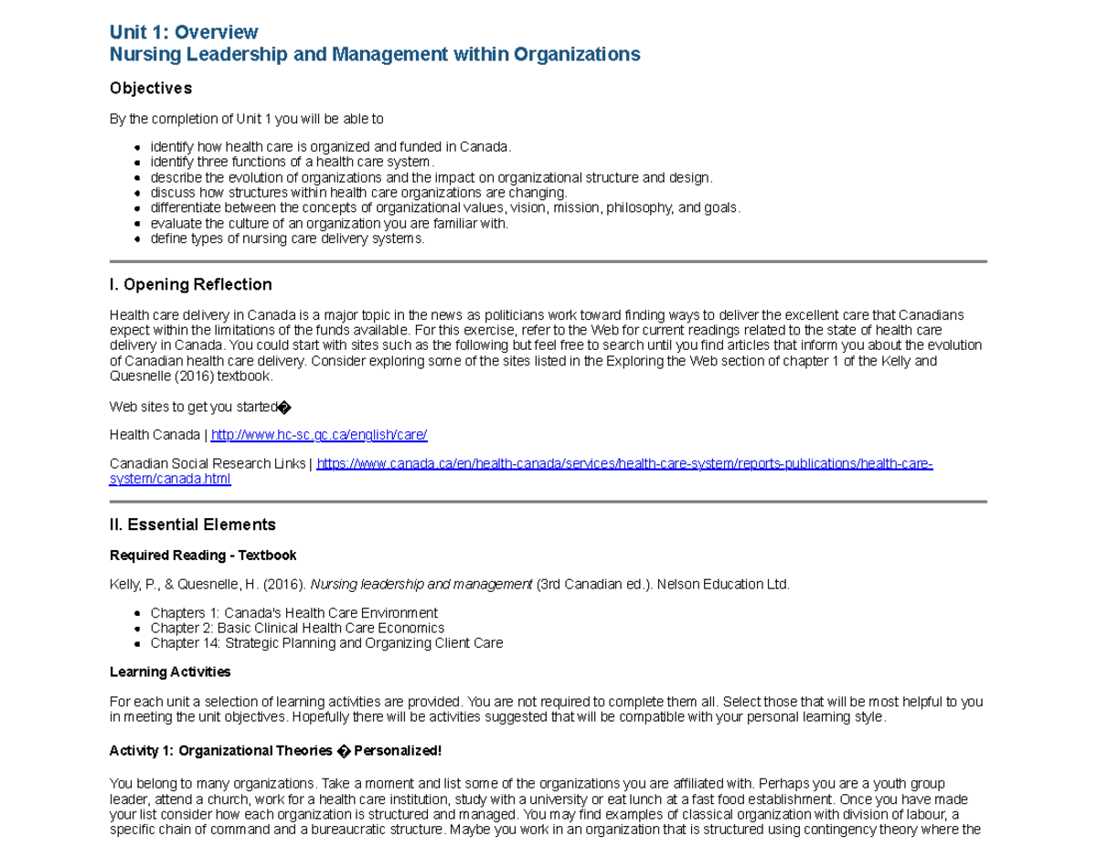 Unit 1 - Overview - unit summary - Unit 1: Overview Nursing Leadership ...