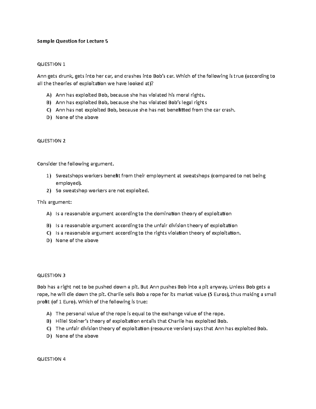 Sample Questions Lecture 5 - Sample Question for Lecture 5 QUESTION 1 ...