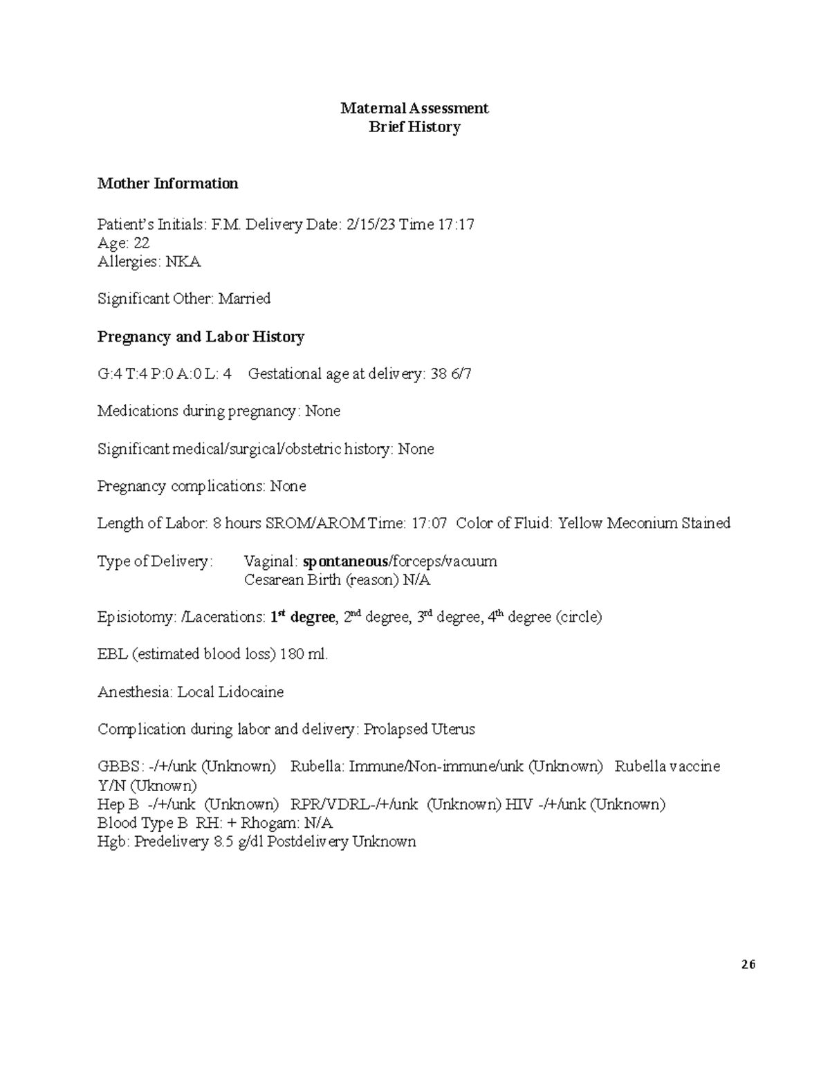 Maternal Assessment - Maternal Assessment Brief History Mother ...