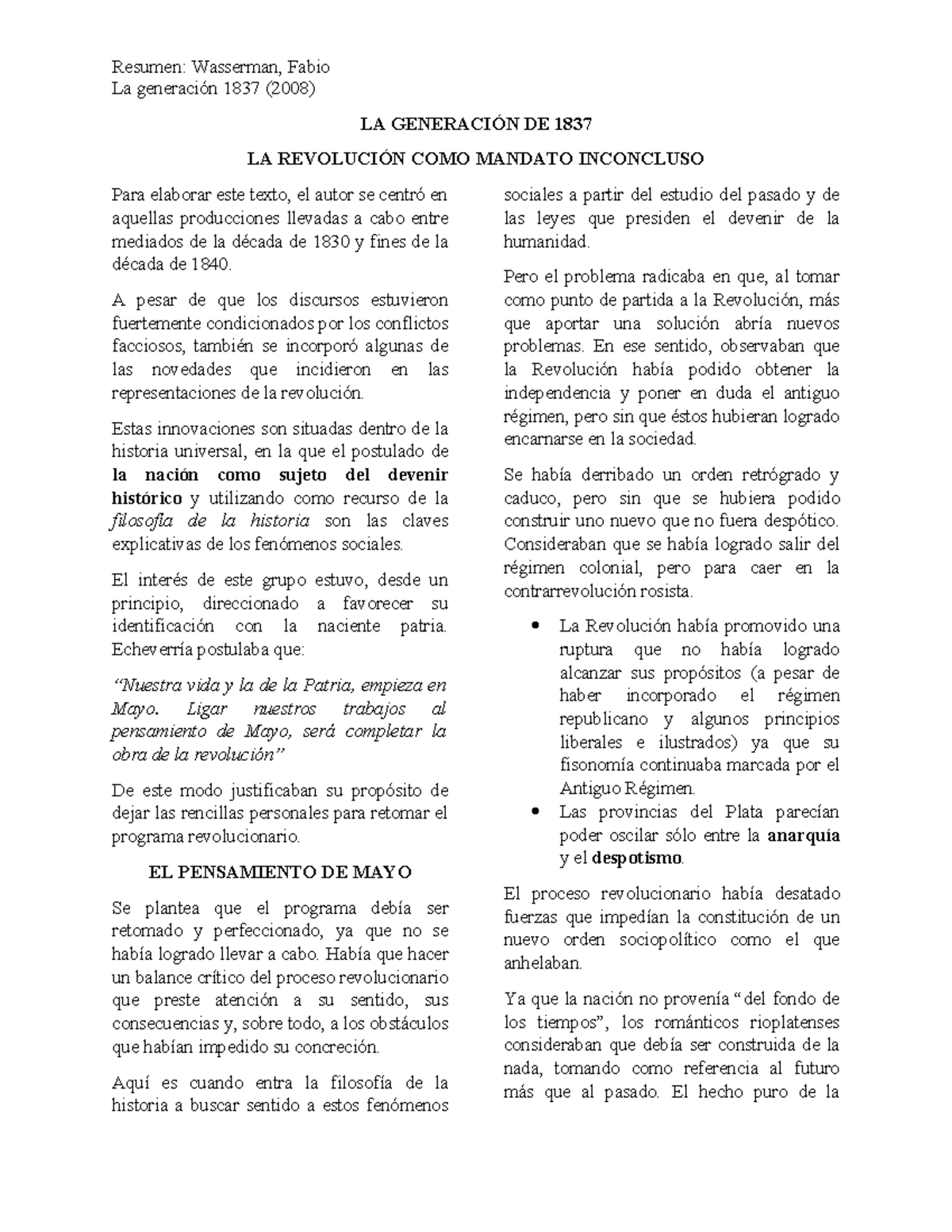 Wasseerman, F. La generación del 37 - La generación 1837 (2008) LA ...