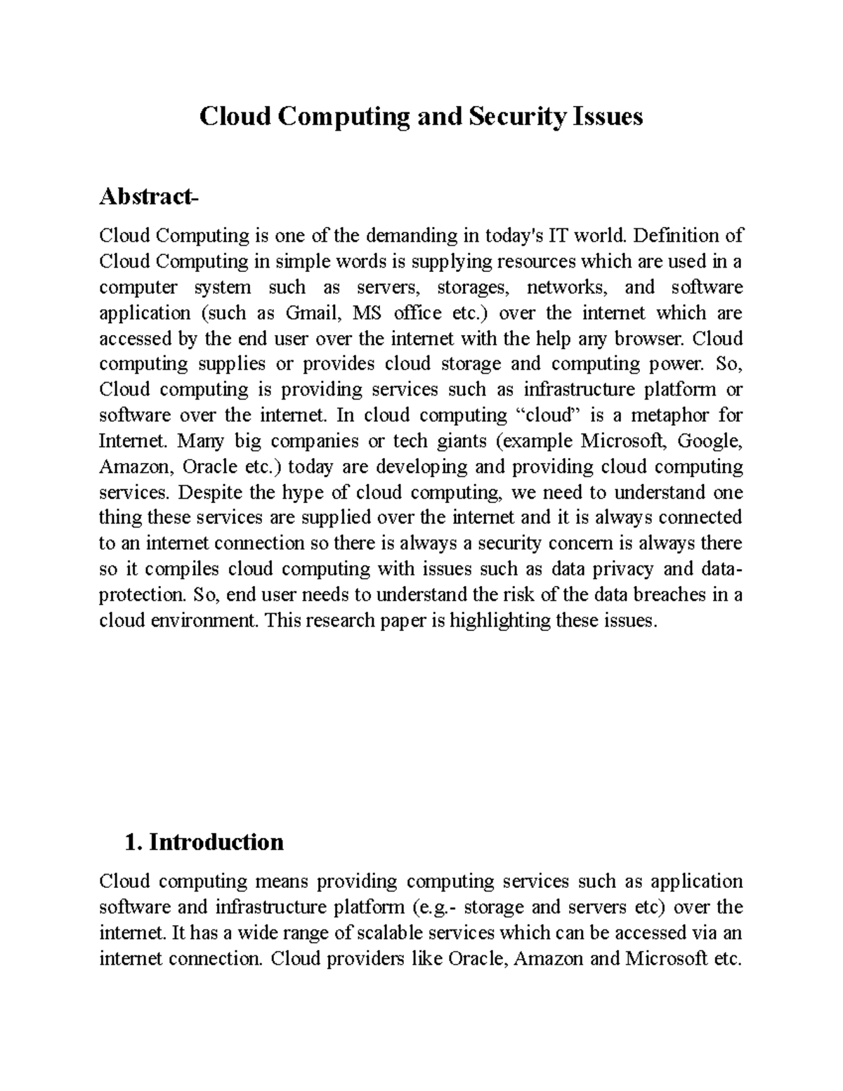Research Paper Introduction - Cloud Computing and Security Issues Abstract- Cloud Computing is ...