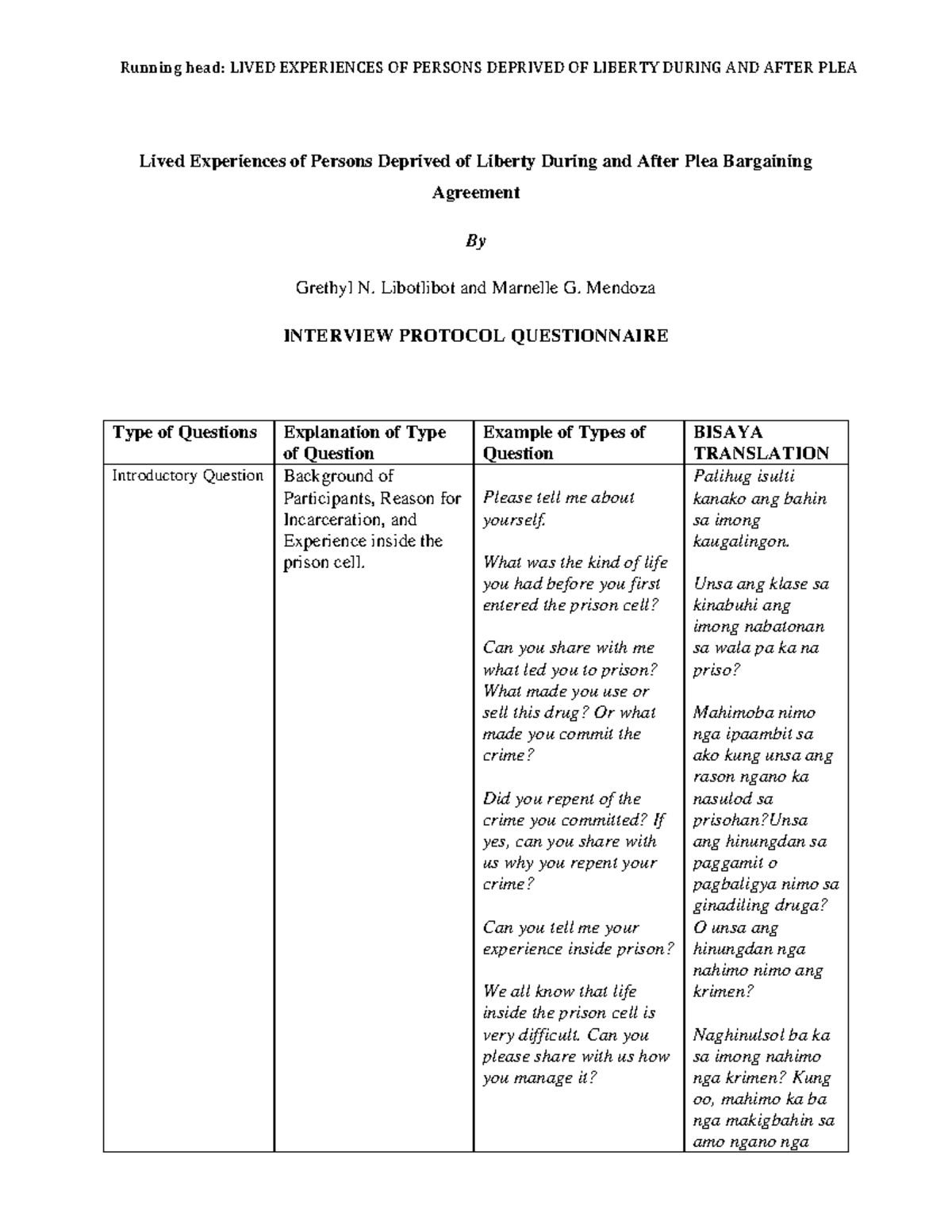 Interview Protocol Questionnaire converted 1 - Running head: LIVED ...