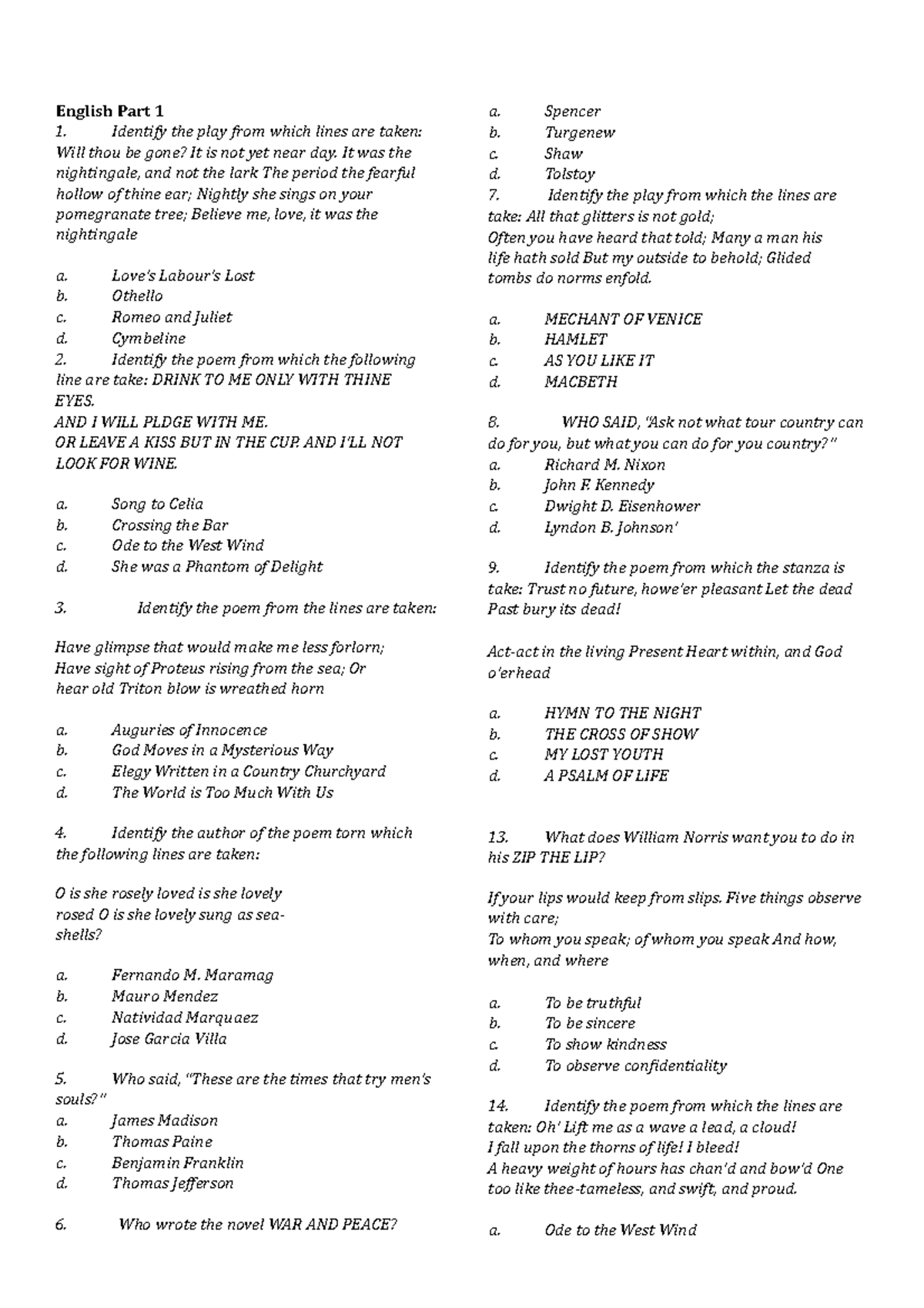 English Part 1 - It was the nightingale, and not the lark The period ...