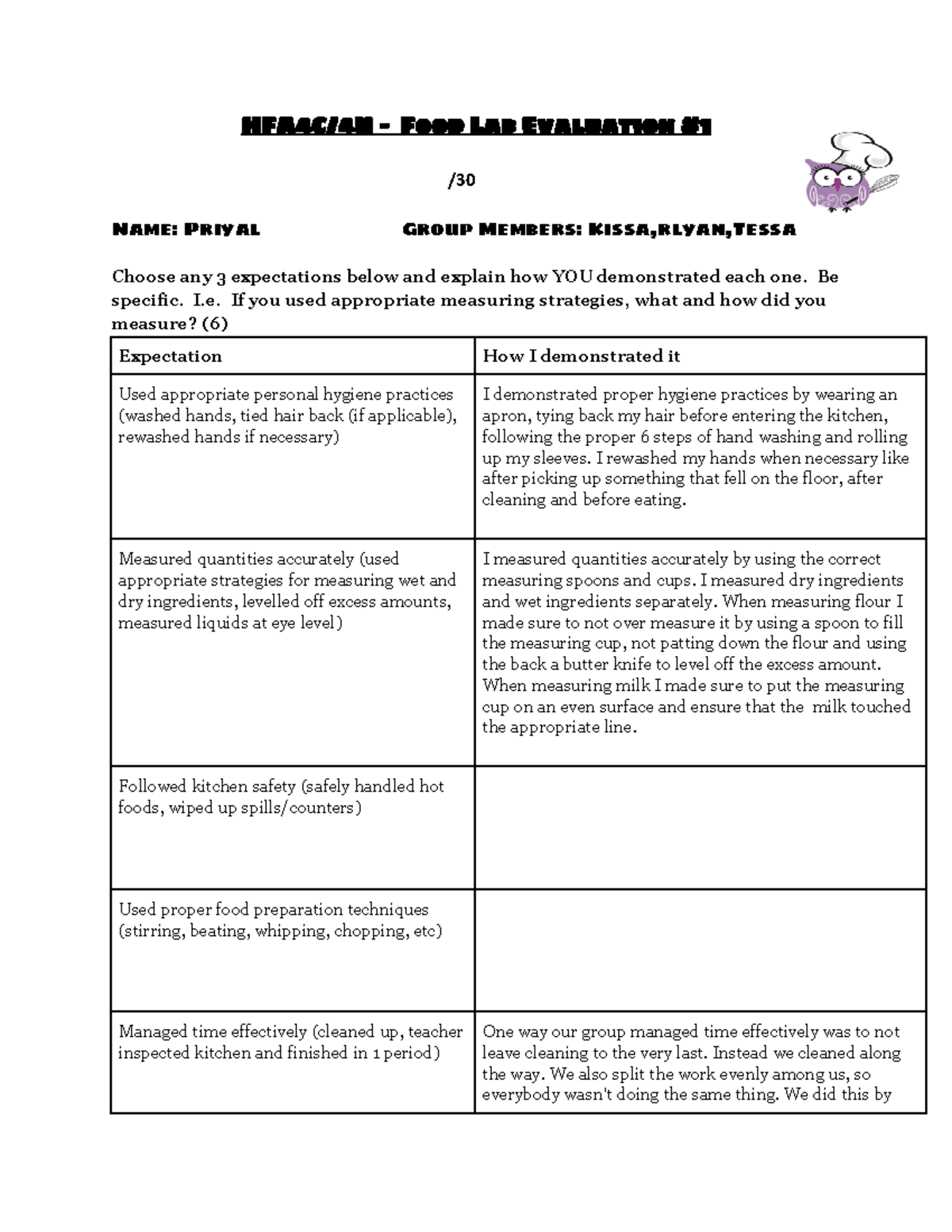 Copy of Food Lab #1 Evaluation - HFA4C/4U - Food Lab Evaluation / Name ...