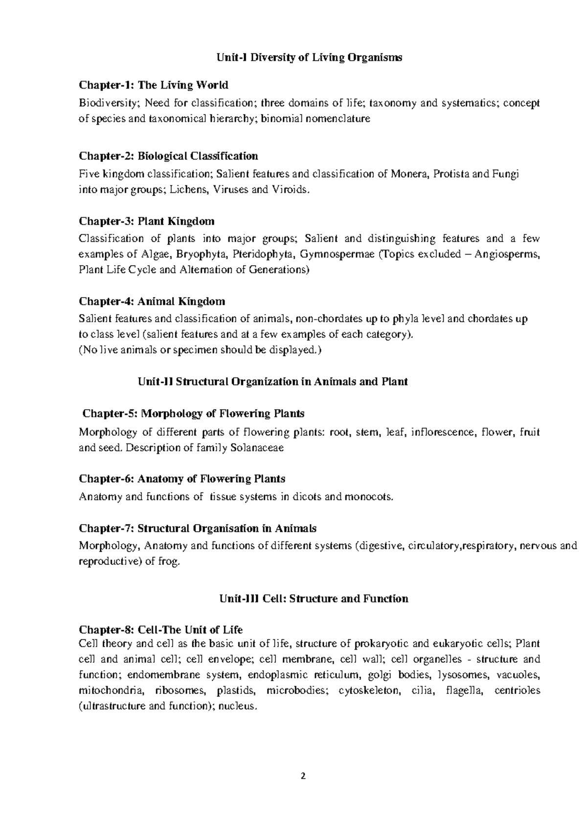 Class notes biology 2 - 2 Unit-I Diversity of Living Organisms Chapter ...