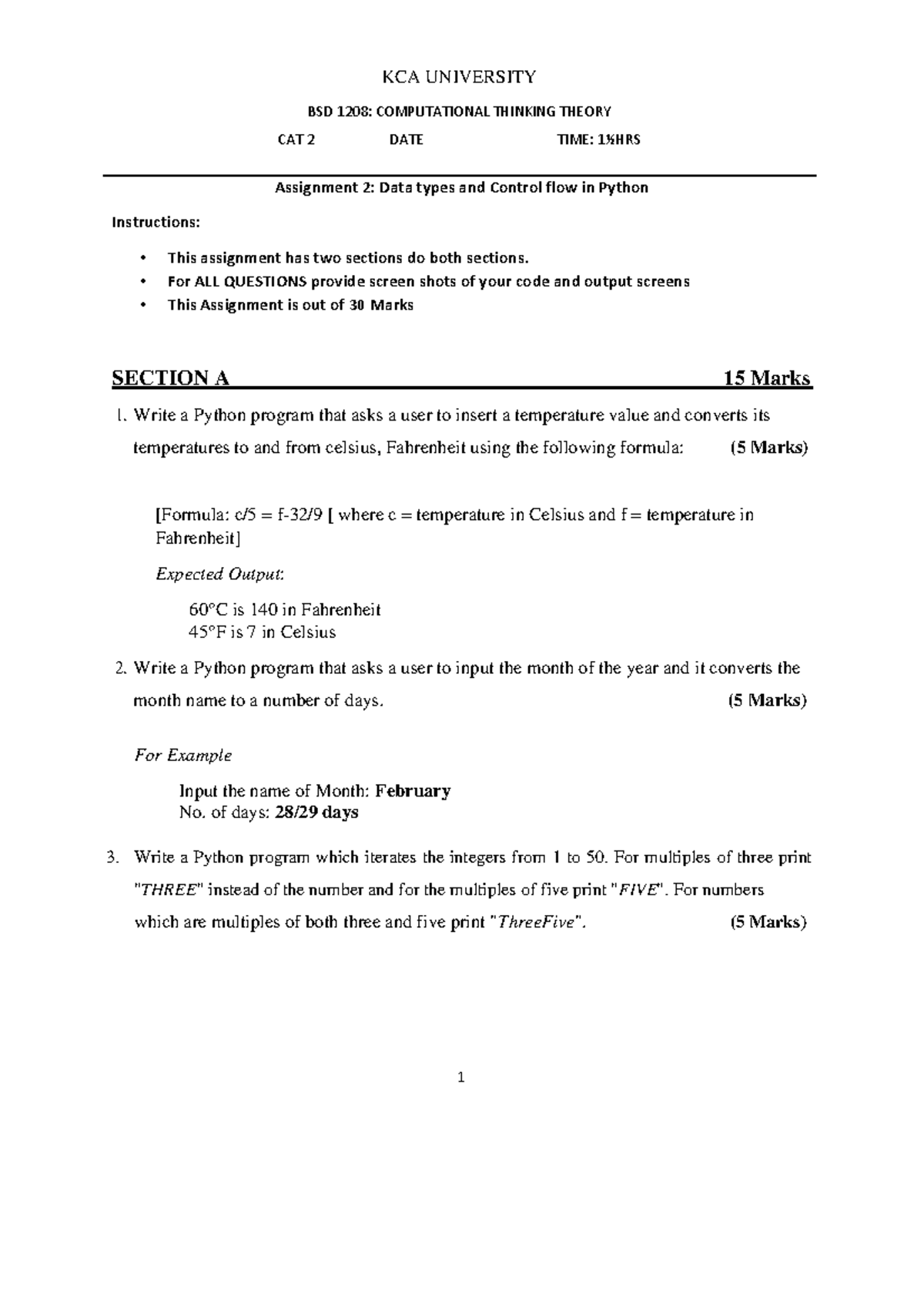 BSD 1208 Computatonal Thinking Theory Assignment 2 Jan-April 2023 - KCA ...