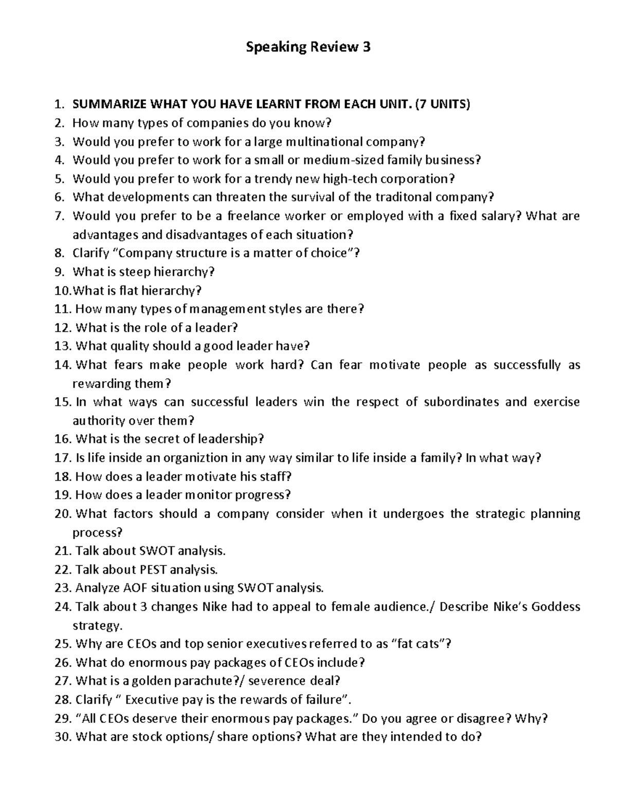 Speaking review 3 - english - Speaking Review 3 1. SUMMARIZE WHAT YOU HAVE LEARNT FROM EACH UNIT ...