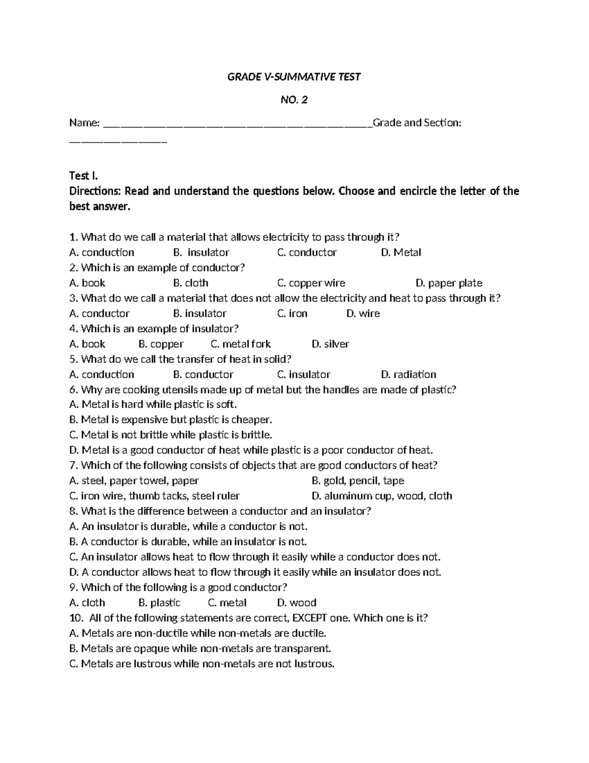 Summative TEST Grade 5 (NO. 2) - GRADE V-SUMMATIVE TEST NO. 2 Name ...
