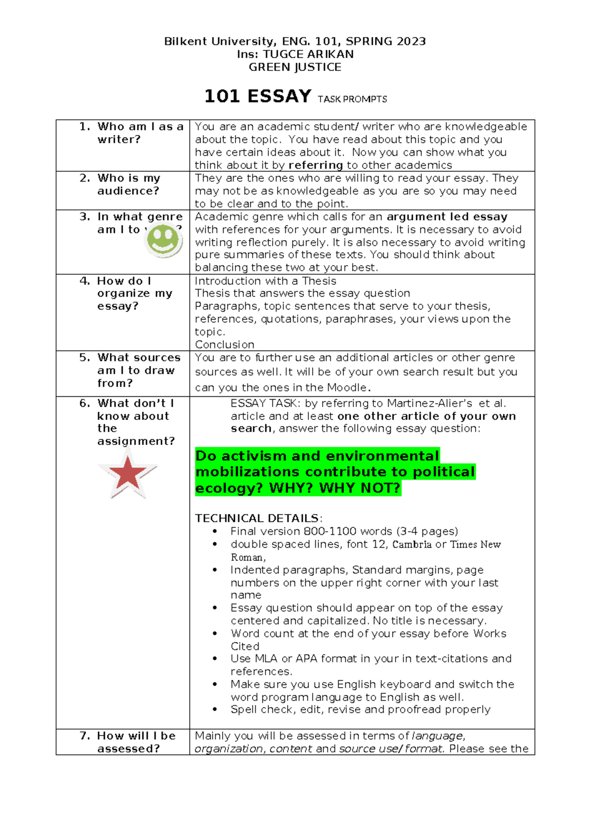 101 Project essay 1 Task 2023 - Ins: TUGCE ARIKAN GREEN JUSTICE 101 ...
