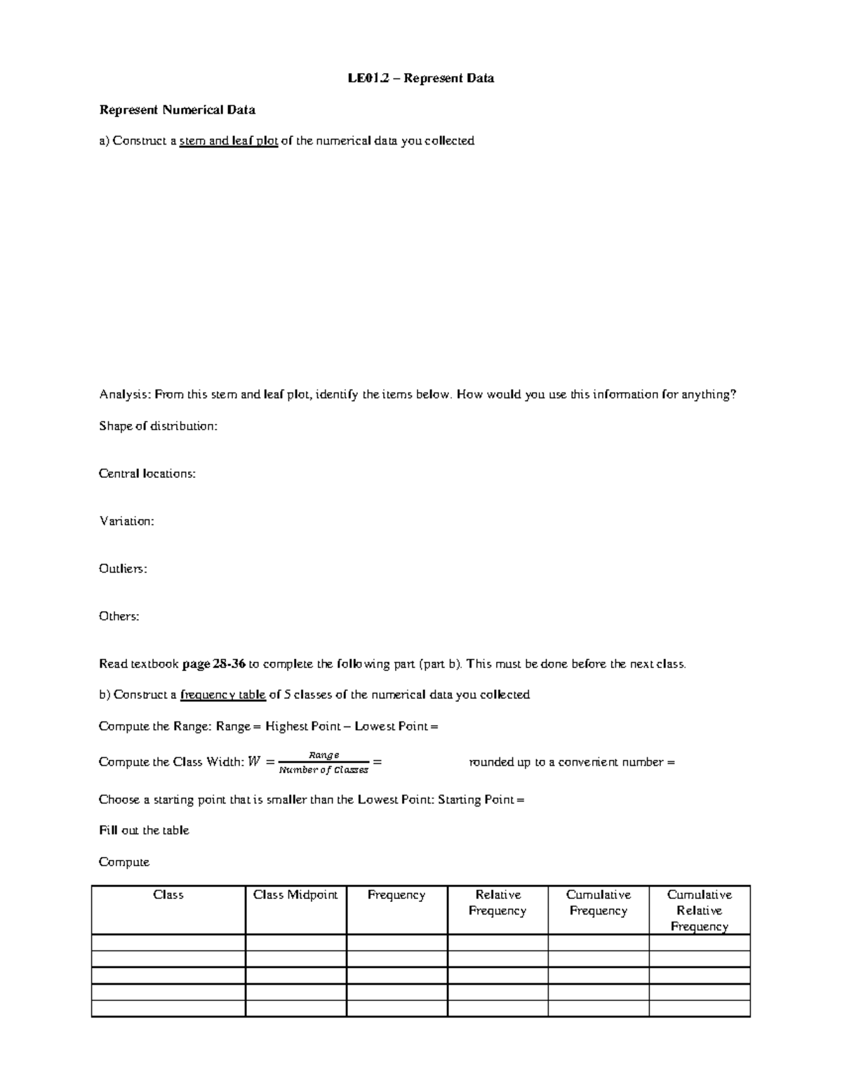 LE01.2 - Represent Data (a) - LE01 Represent Data Represent Numerical Data a) Construct a stem ...