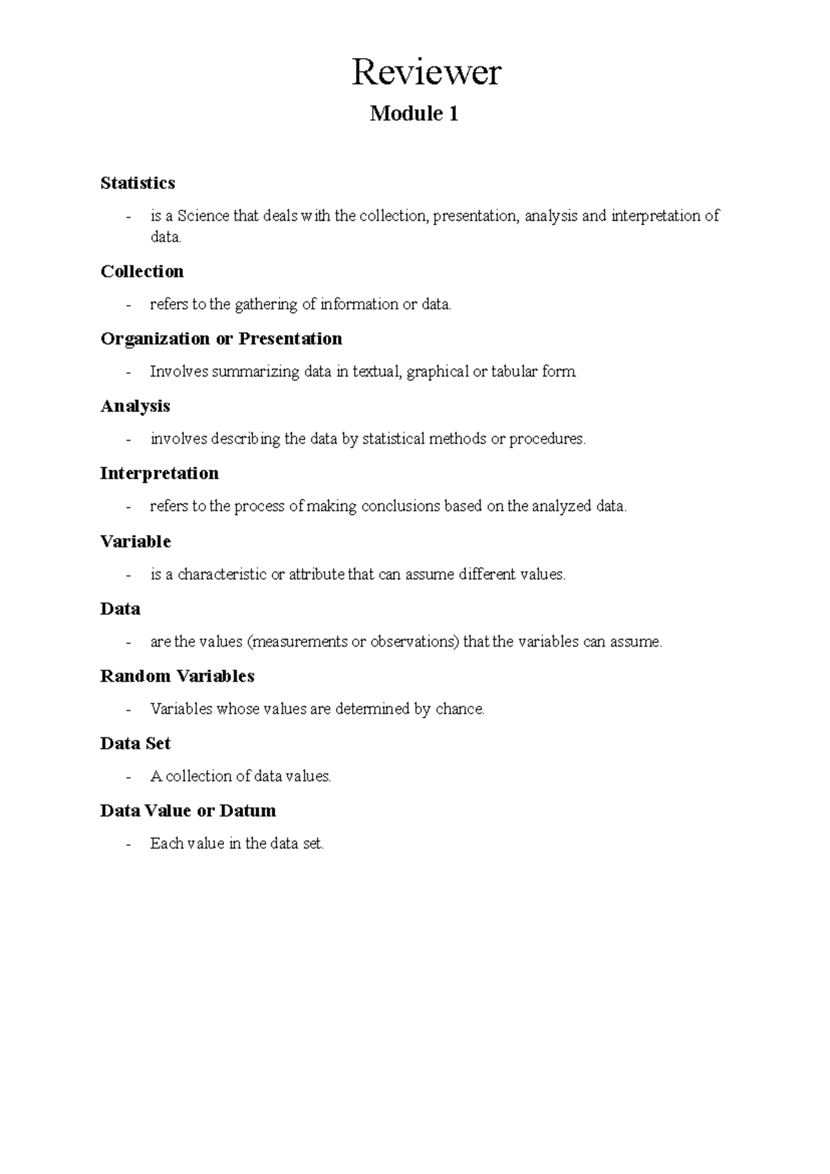 Applied Stats Reviewer (Module 1-3) - Module 1 Statistics is a Science ...