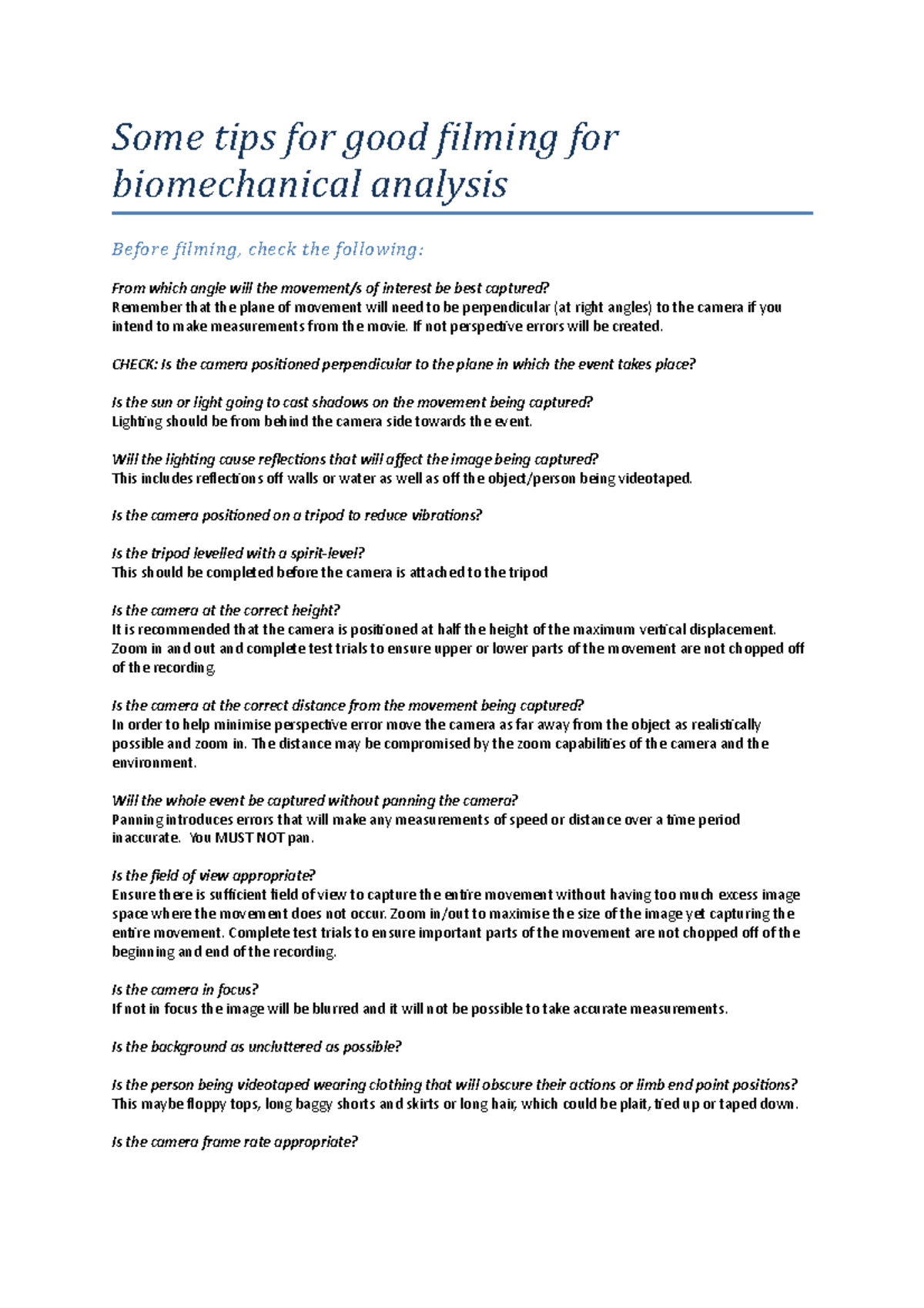 2D Filming Guide - Some tips for good filming for biomechanical ...
