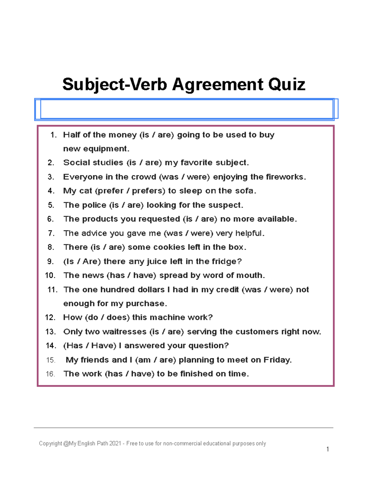 Subject Verb Agreement Quiz with Answers - Subject-Verb Agreement Quiz ...