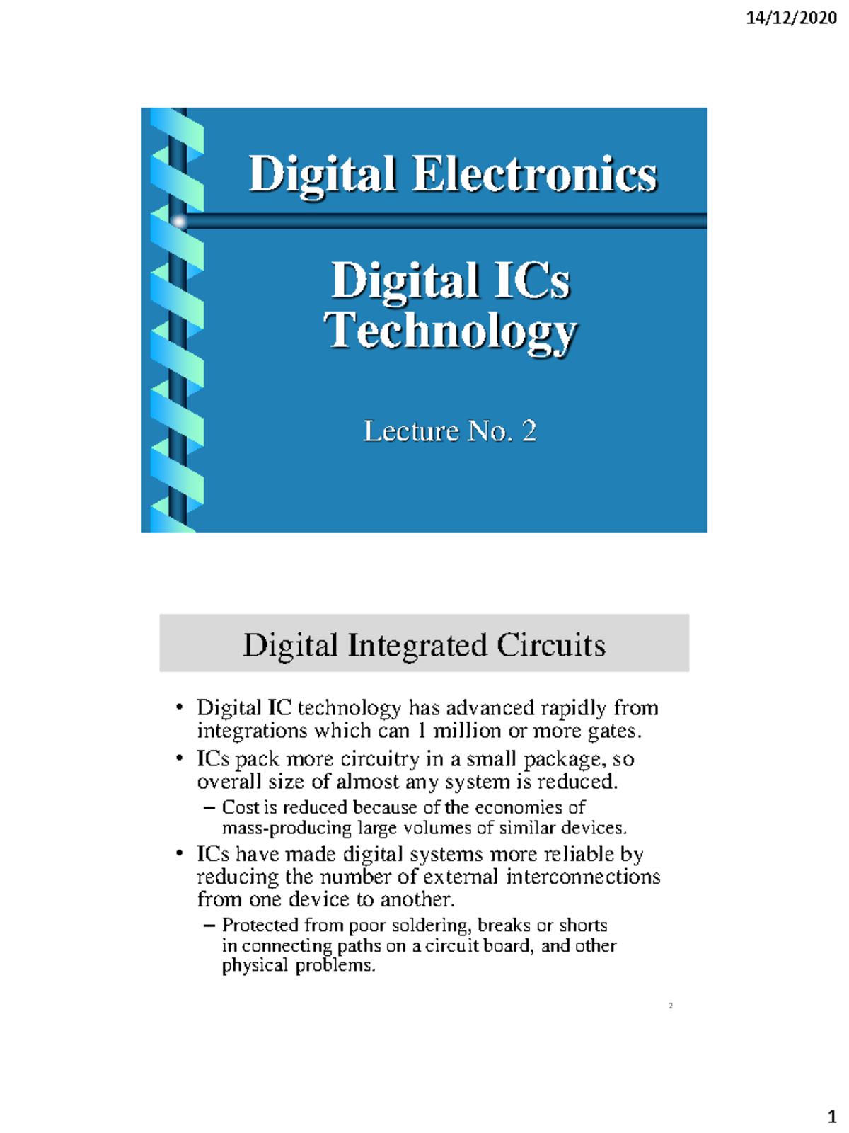 Lec. 2 Integrated Circuits Technology-1 - Digital Electronics Digital ...