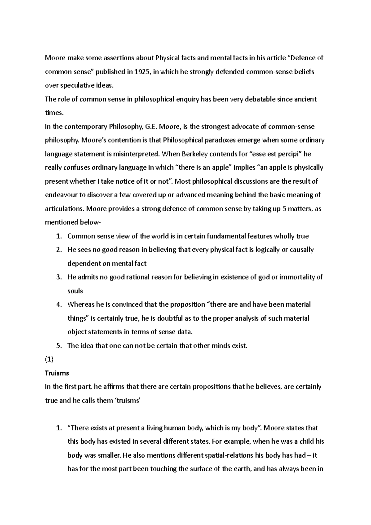 Physical and mental fact - Moore make some assertions about Physical ...