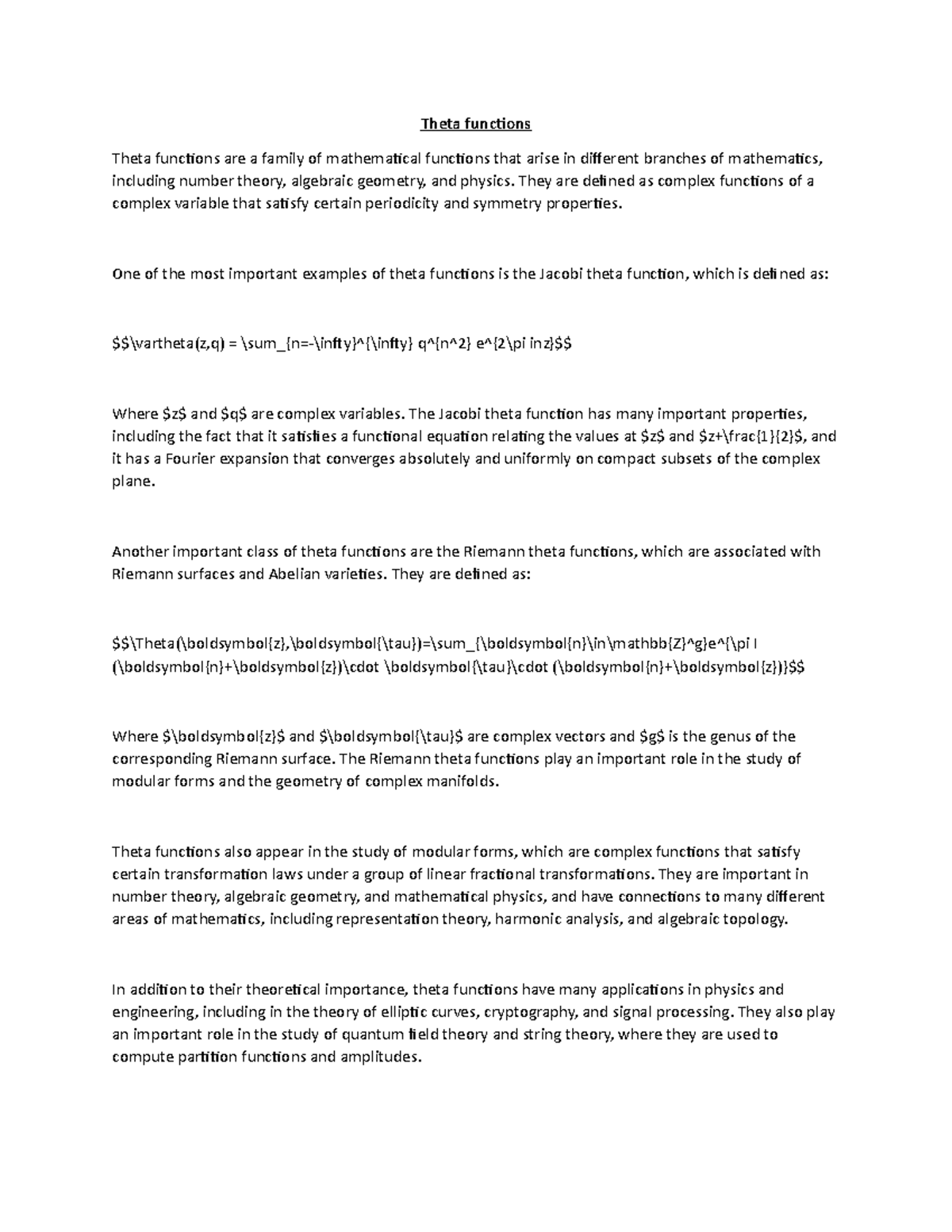 Theta functions - Theta functions Theta functions are a family of ...