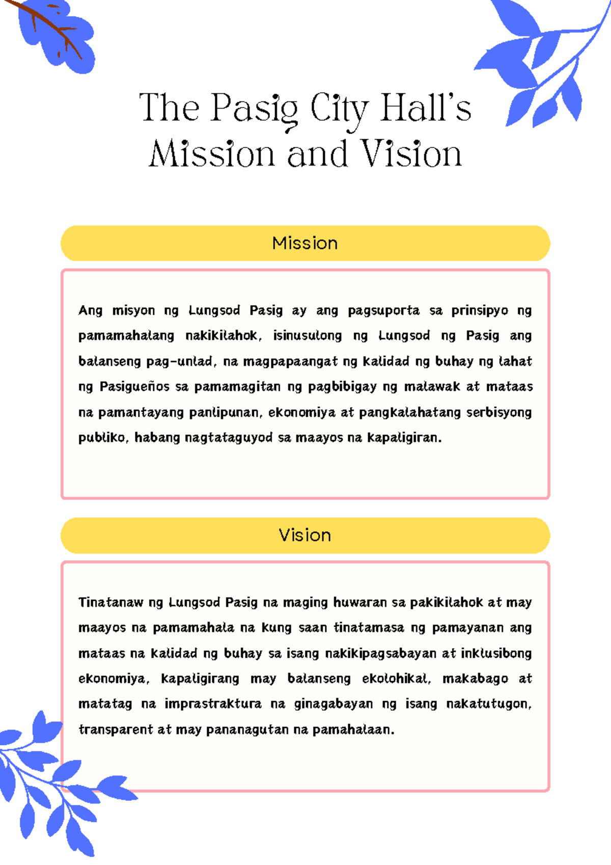 Mi Vi - Mission and Vision of Pasig City Hall - The Pasig City Hall’s Mission and Vision Mission ...
