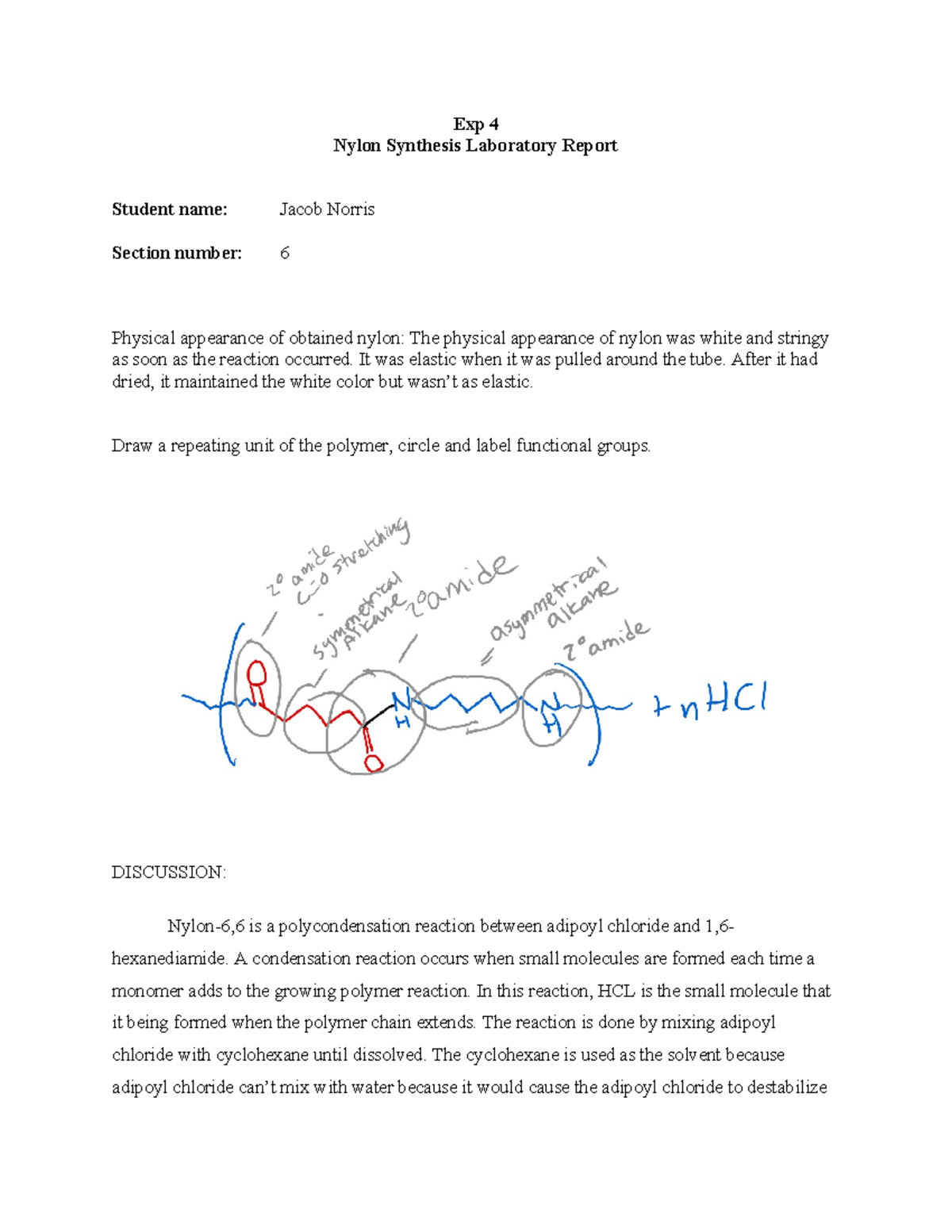 Organic chemistry lab- lab 4 polymerization of nylon 6,6 - Exp 4 Nylon ...