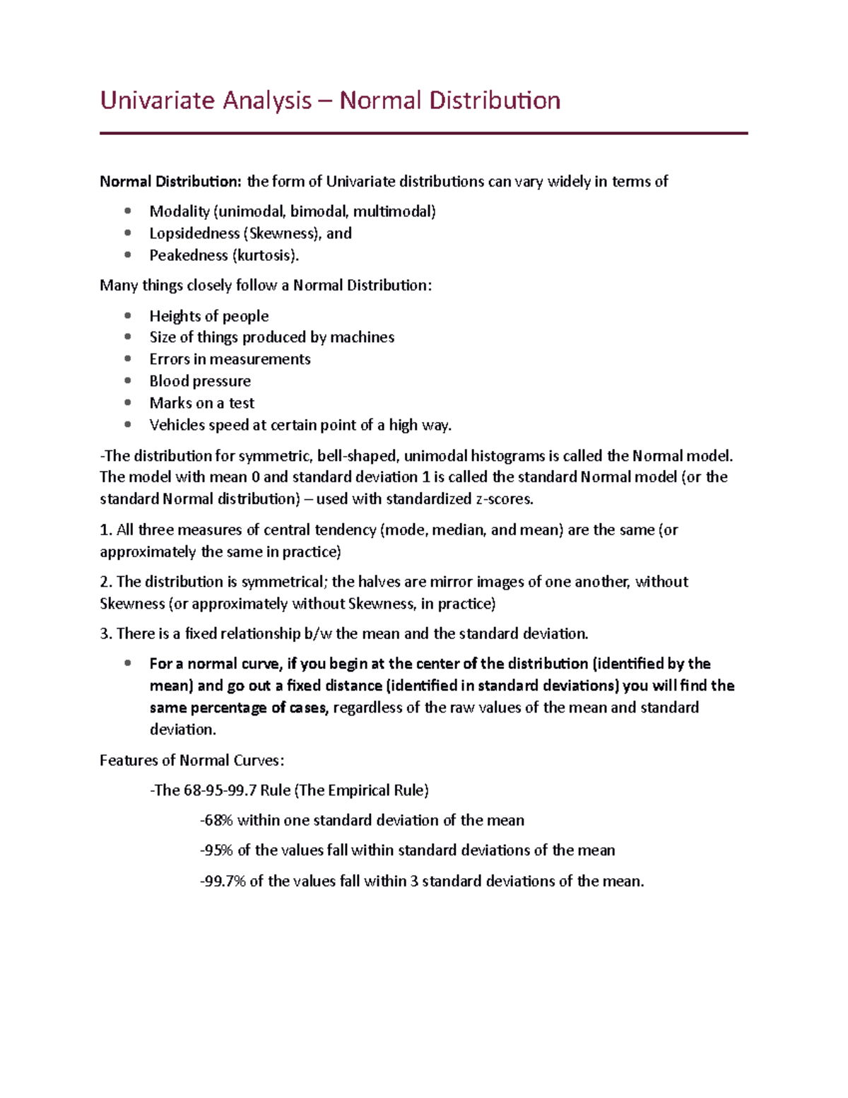 Statistics 0 - Summary Quantitative Methods - Univariate Analysis ...