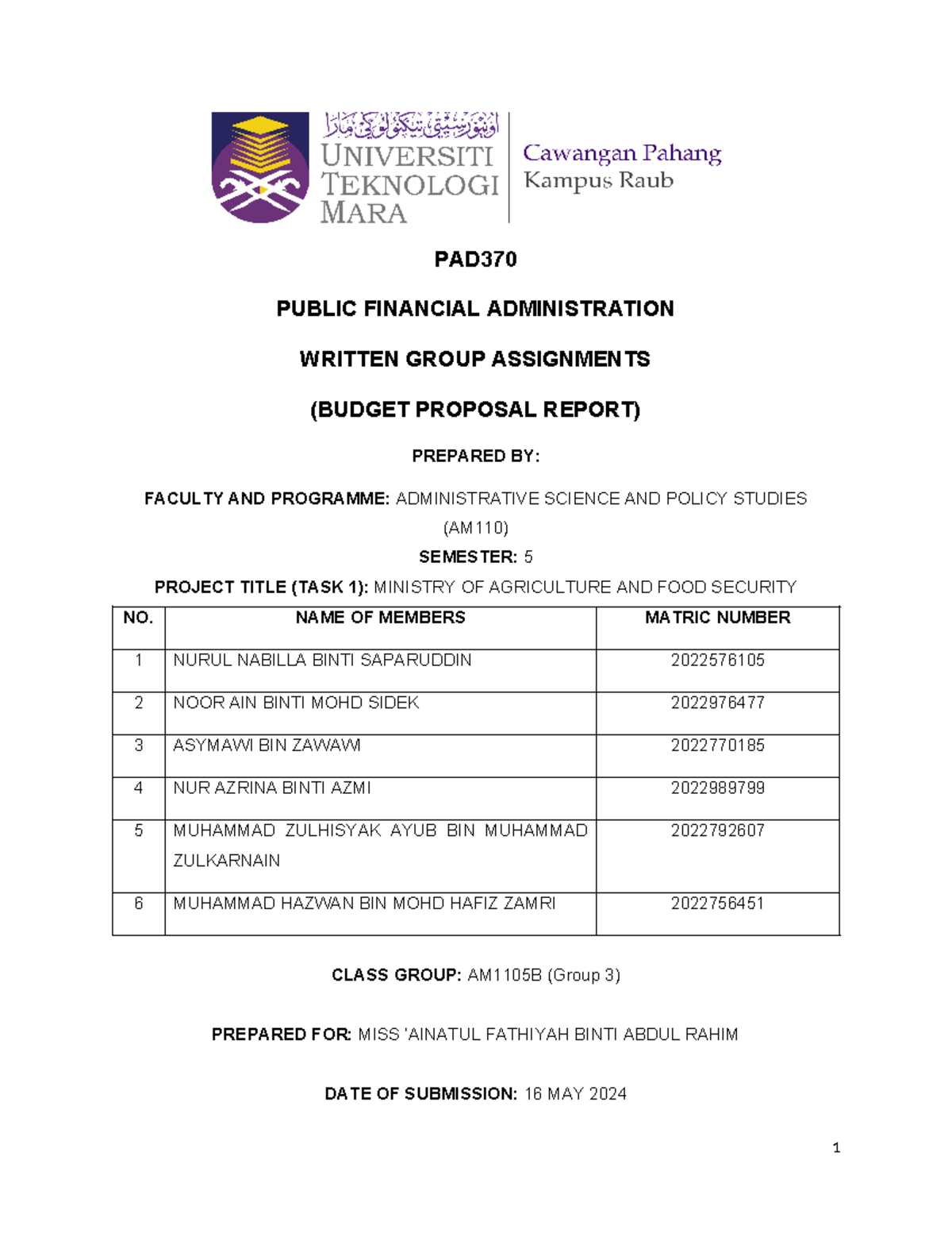 Template budget proposal group 3 - PAD PUBLIC FINANCIAL ADMINISTRATION WRITTEN GROUP ASSIGNMENTS ...