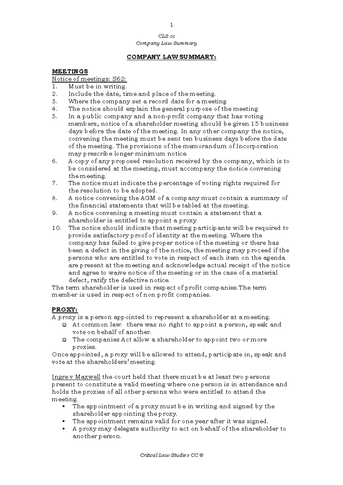 Company-LAW- Summary - CLS cc Company Law Summary COMPANY LAW SUMMARY ...