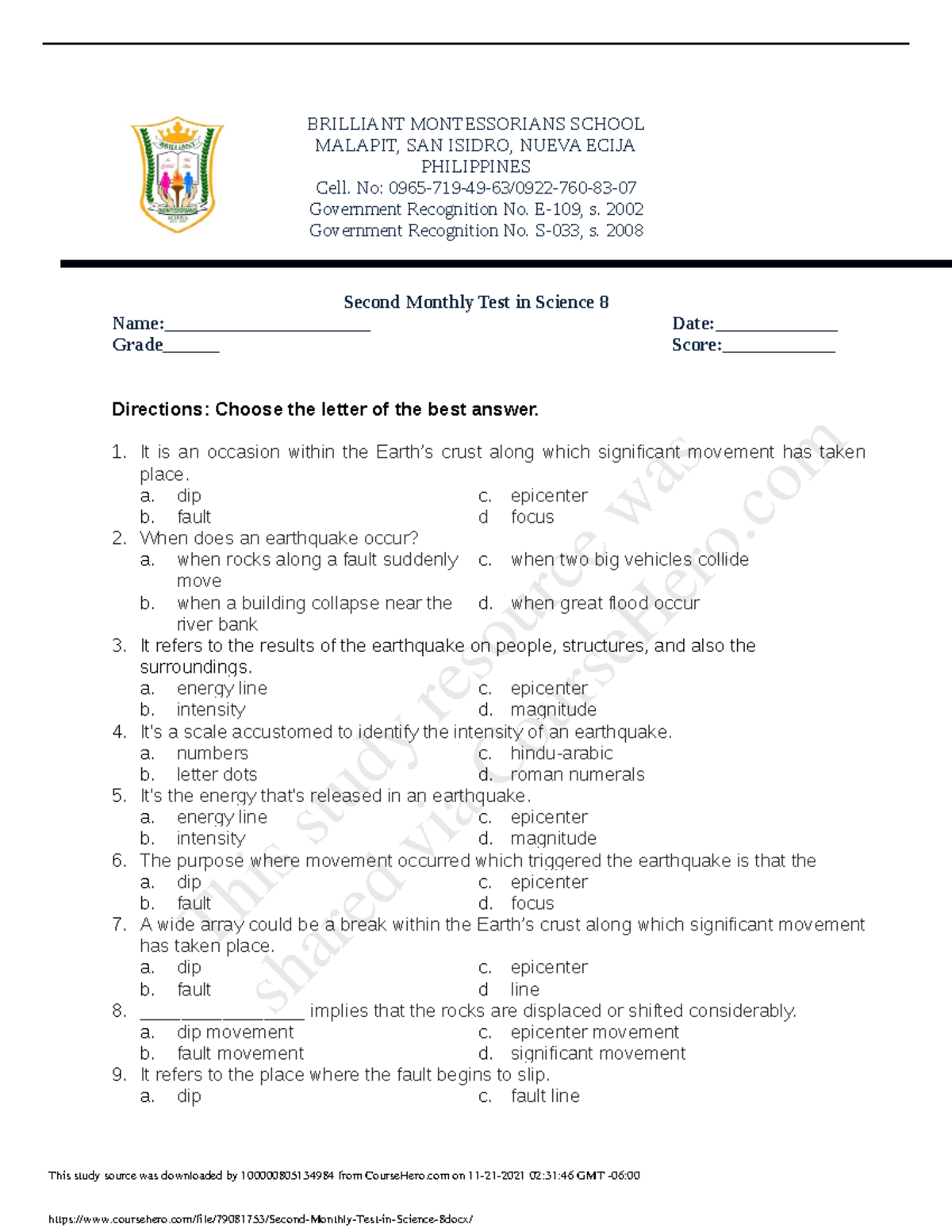 Second Monthly Test in Science 8 - Science 10 - ANTEO - Studocu