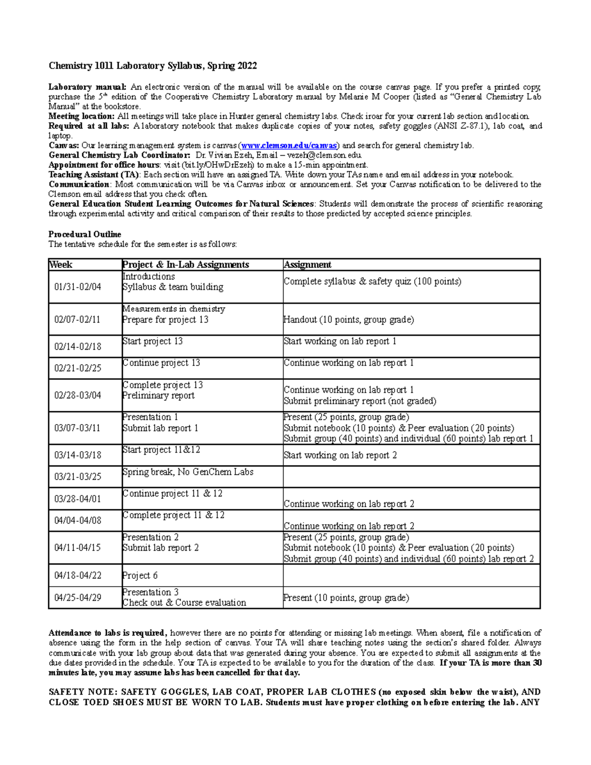 1011labsyllabus S2022 - Chemistry 1011 Laboratory Syllabus, Spring 2022 Laboratory manual: An ...